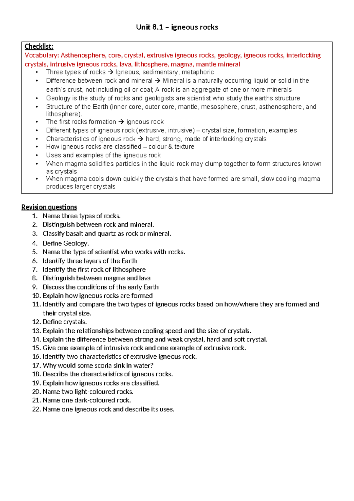 Unit 8 Revision Questions: Igneous, Weathering, and Sedimentary Rocks ...