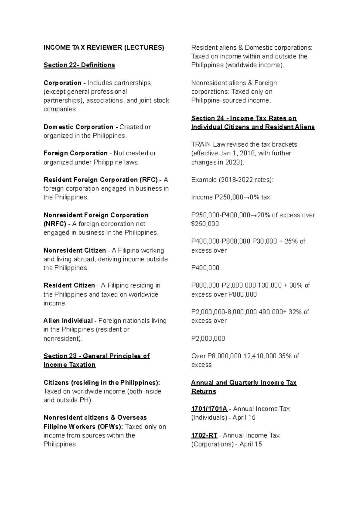 INCOME TAXATION REVIEWER (LECTURES) - Key Concepts & Deadlines - Studocu
