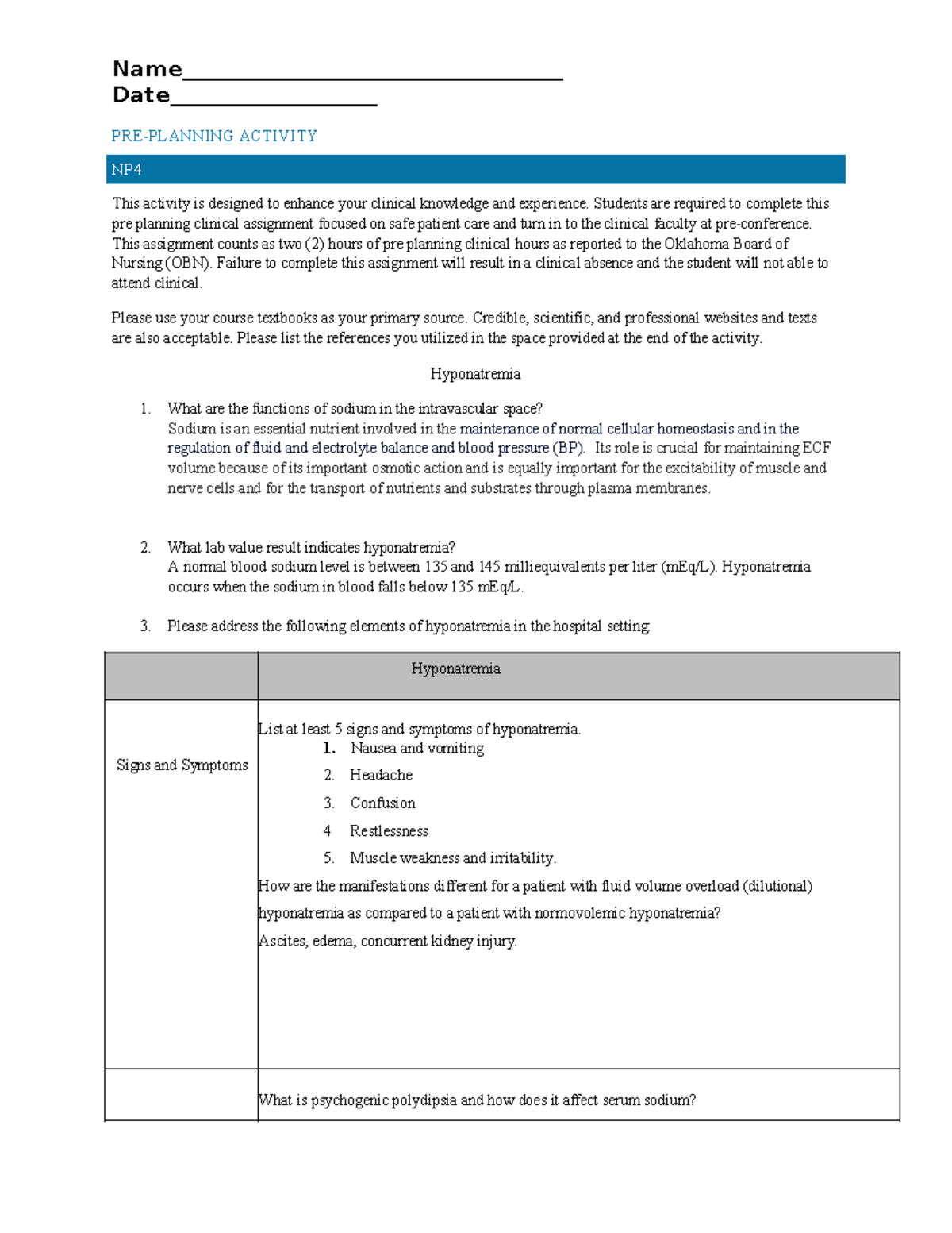 #4 Pre-Planning NP4 Assignment: Understanding Hyponatremia - Studocu