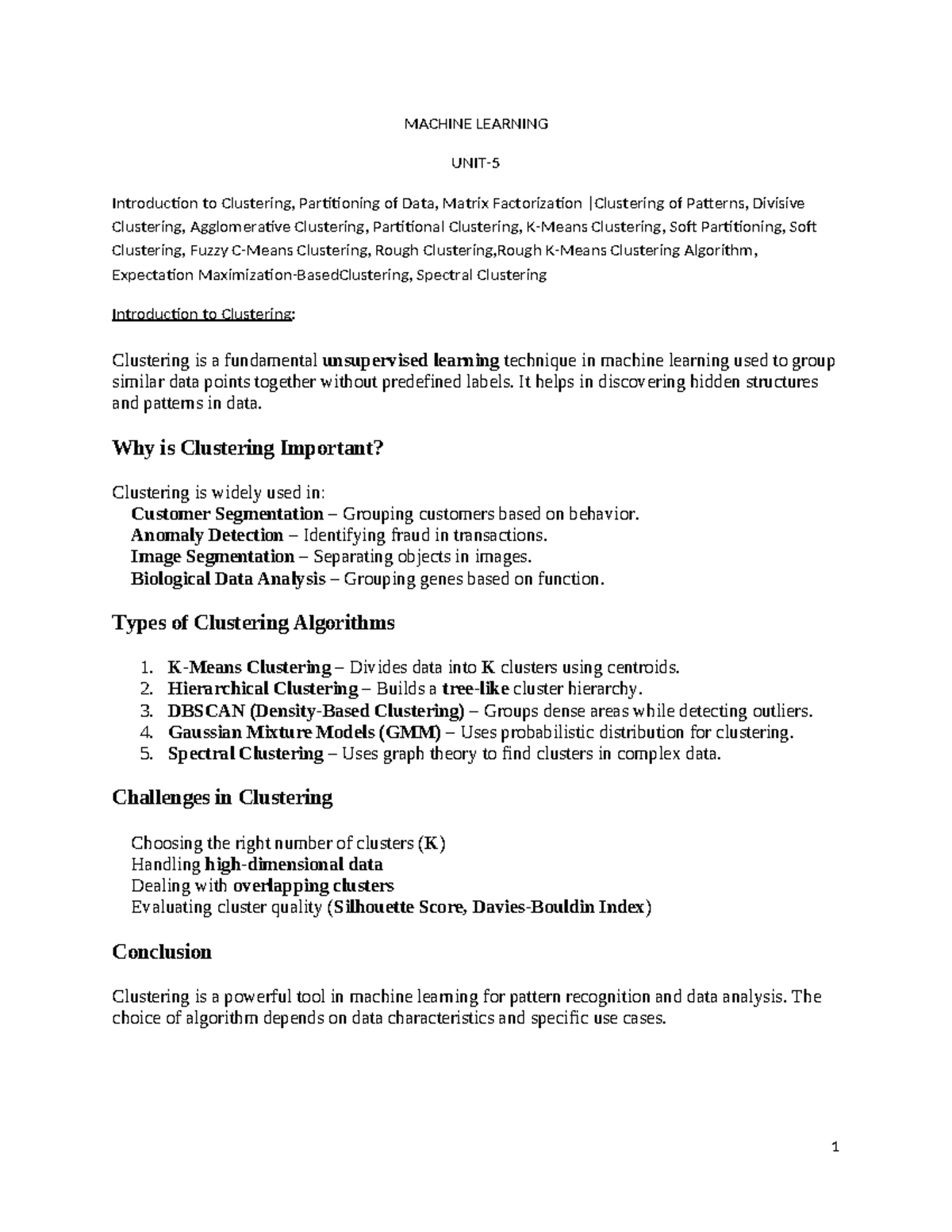 MACHINE LEARNING ML-UNIT-5: Clustering Techniques and Data Partitioning ...