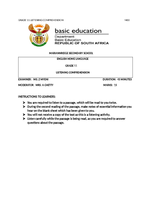 Grade 12 Unprepared Sp Topics - MARIANNRIDGE SECONDARY SCHOOL ENGLISH ...