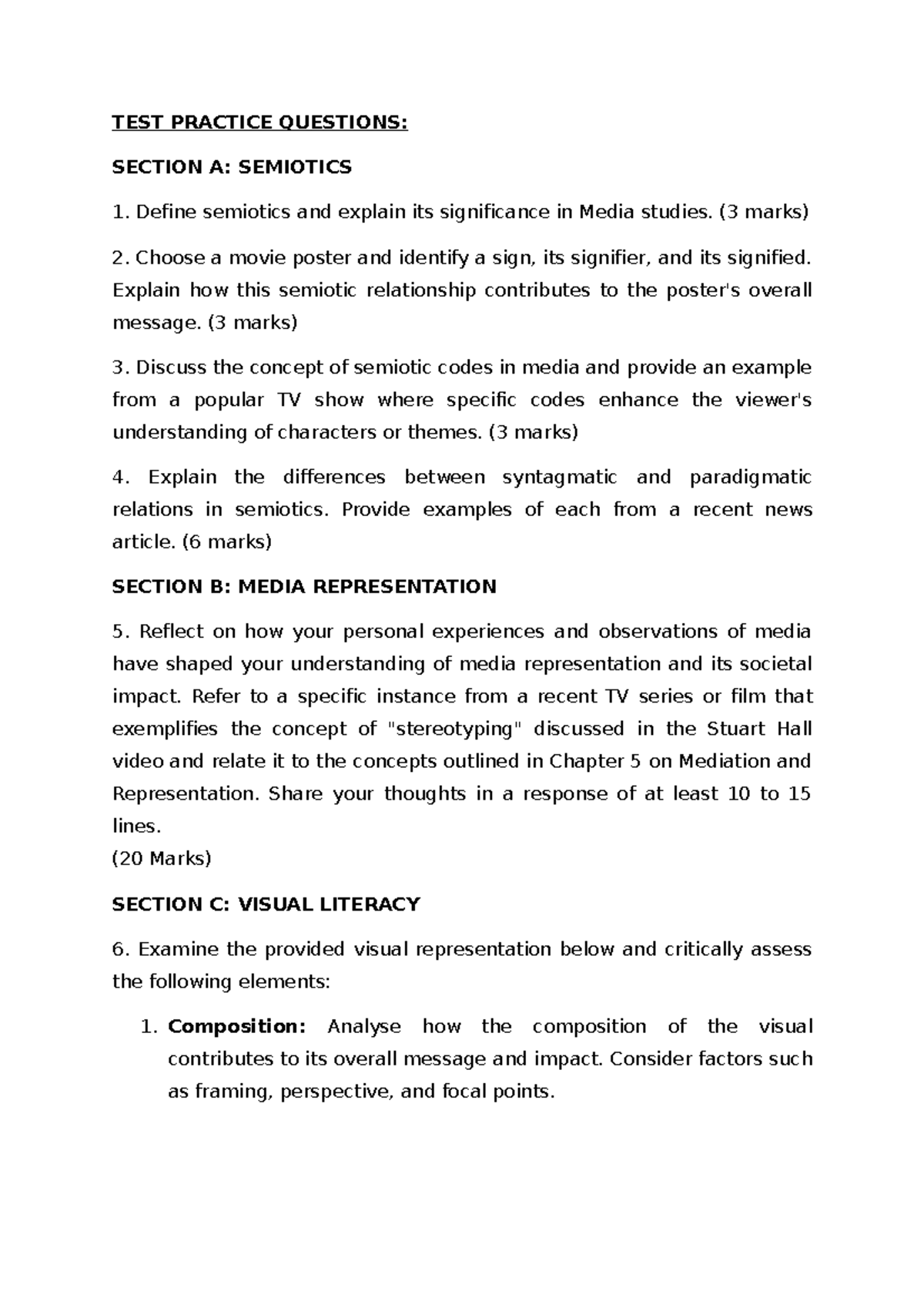 MECS102 TEST Practice Questions on Semiotics & Media Representation ...