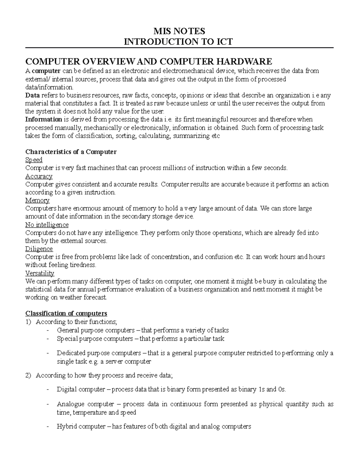Introduction TO ICT - Lecture notes 7 - MIS NOTES INTRODUCTION TO ICT ...