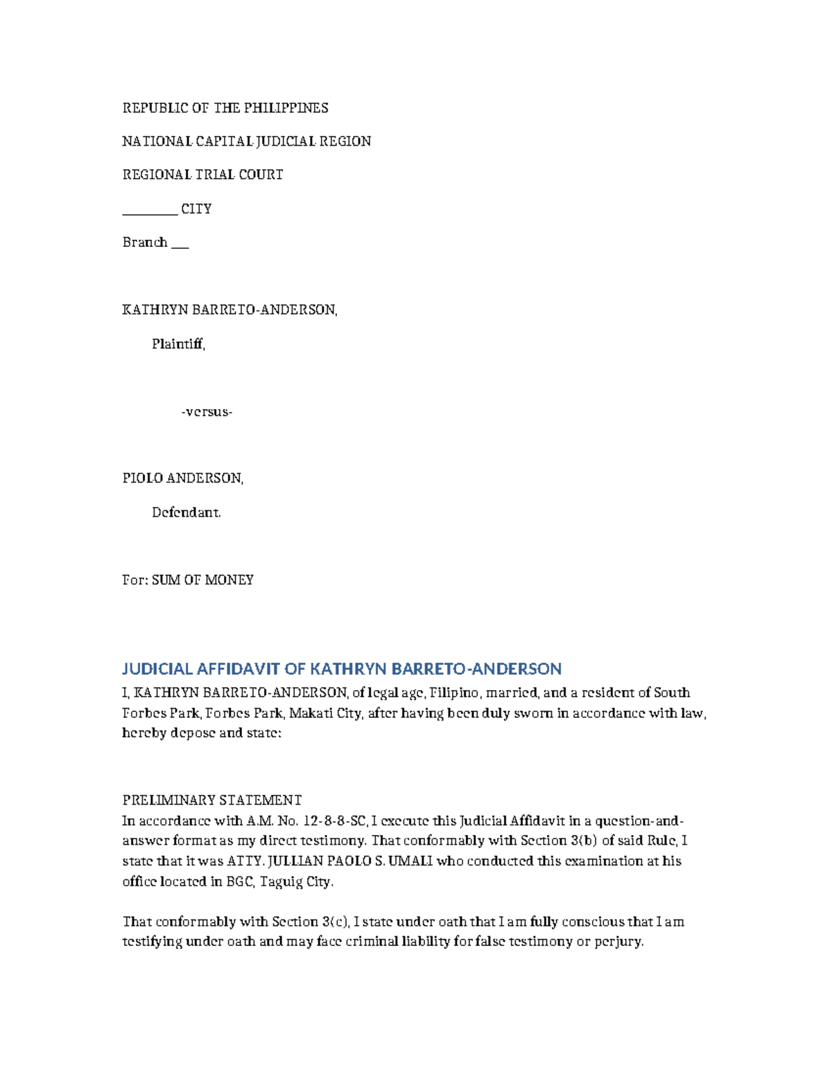 Judicial Affidavit of Kathryn Anderson for Sum of Money Case - Studocu