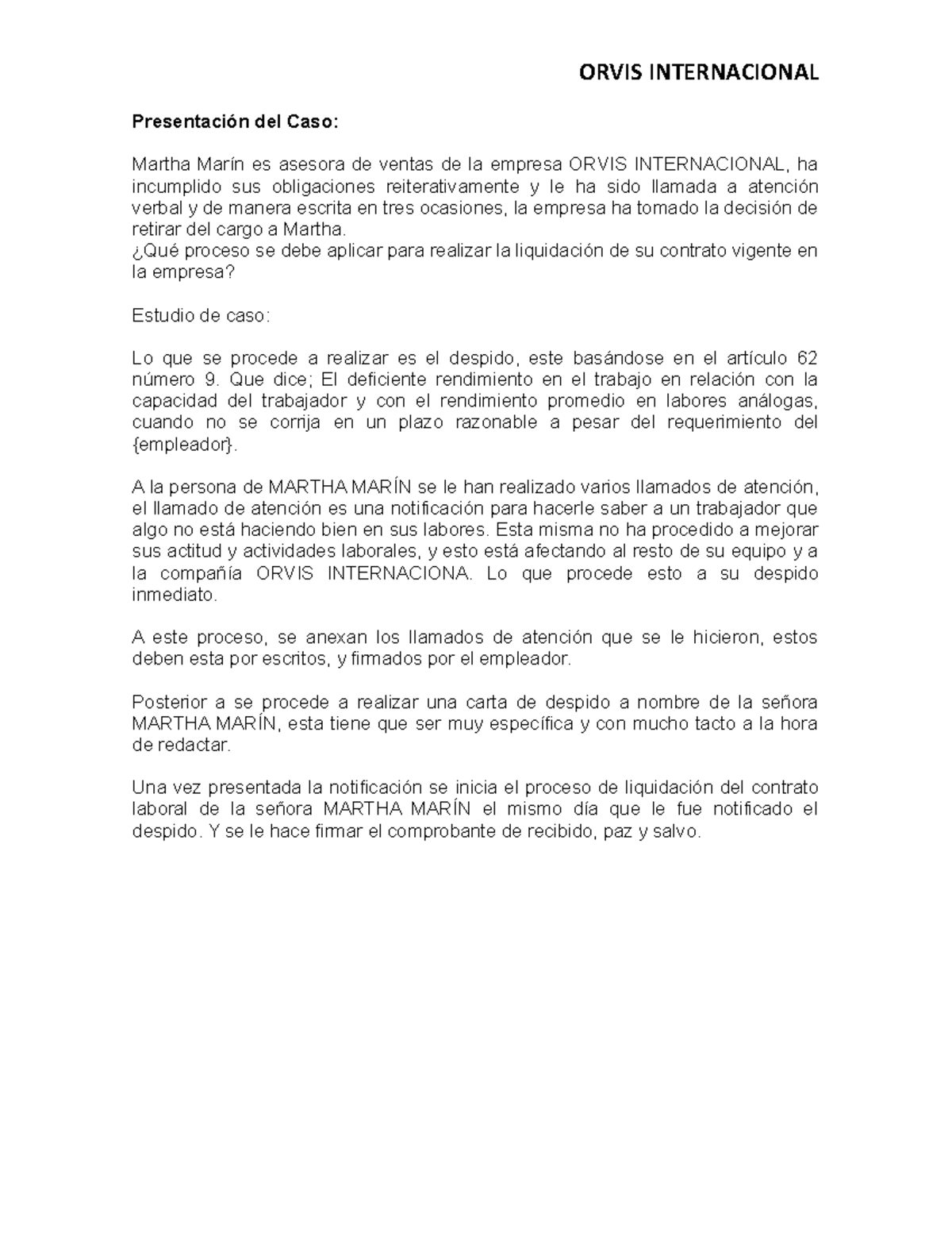 Estudio de Caso: Despido de Martha Marín en ORVIS INTERNACIONAL - Studocu