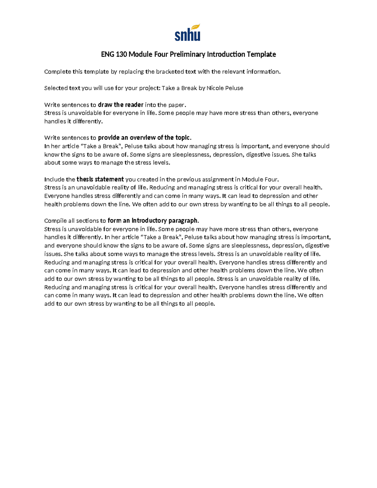 ENG 130 Module Four Intro Template: Managing Stress Overview - Studocu