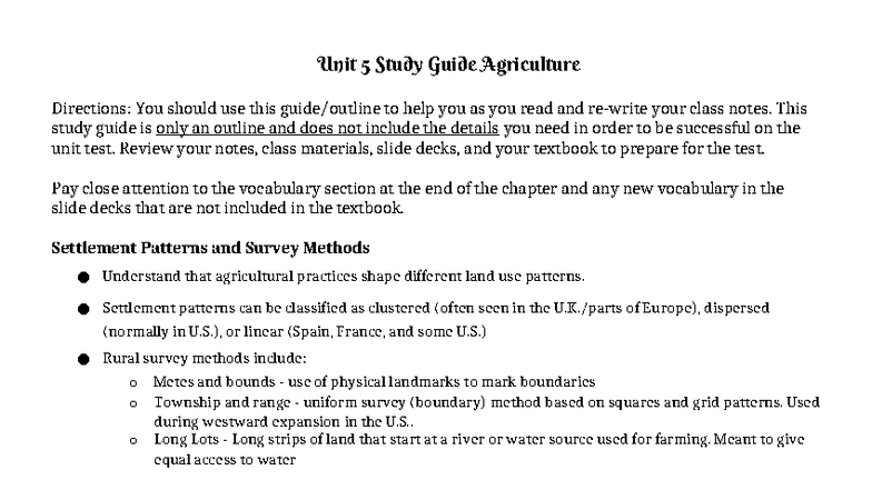 Unit 5 Study Guide: Agriculture & Land Use Patterns - IDEUODEI - Studocu
