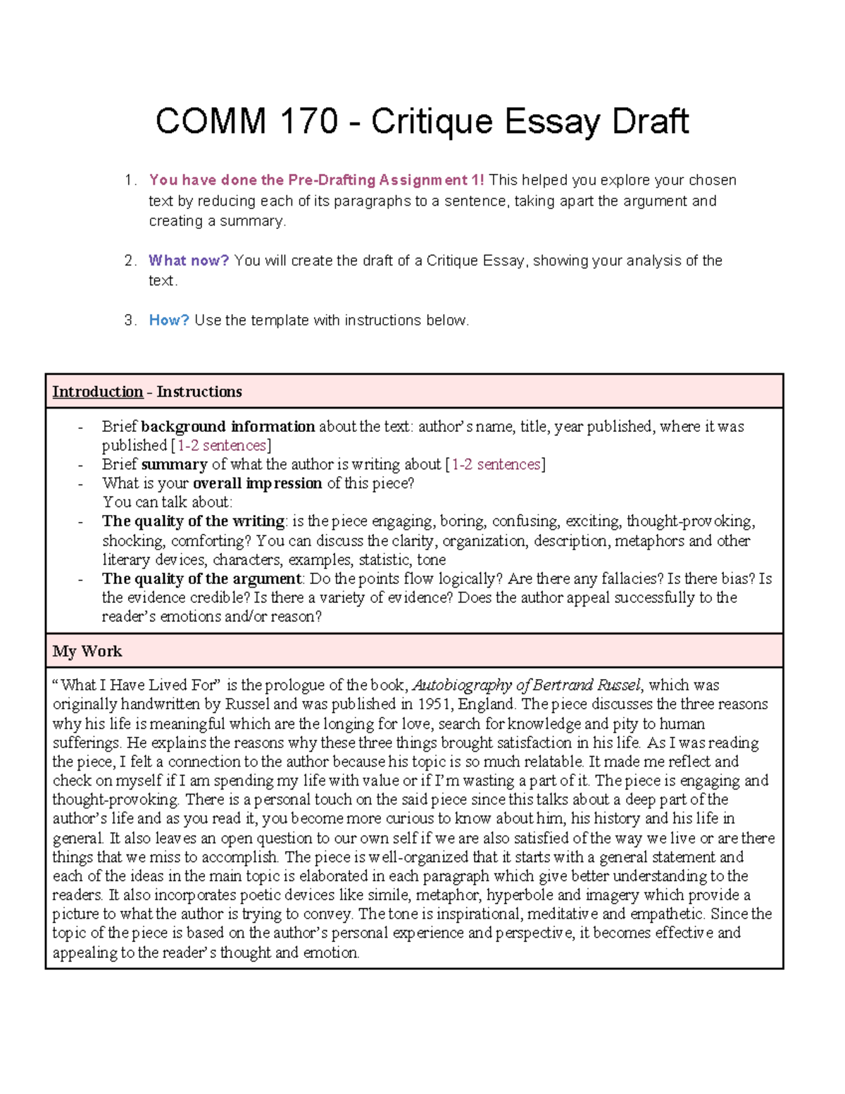 COMM 170 - Critique Essay Draft Review and Analysis - Studocu