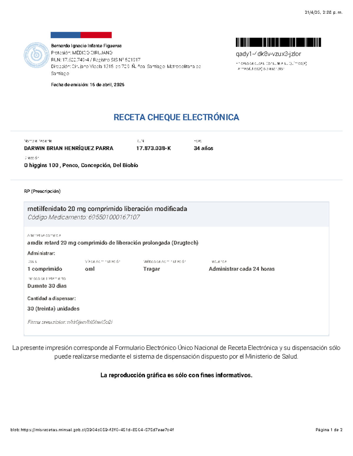 Receta Electrónica: Metilfenidato 20 mg - Paciente Darwin H. Parra ...