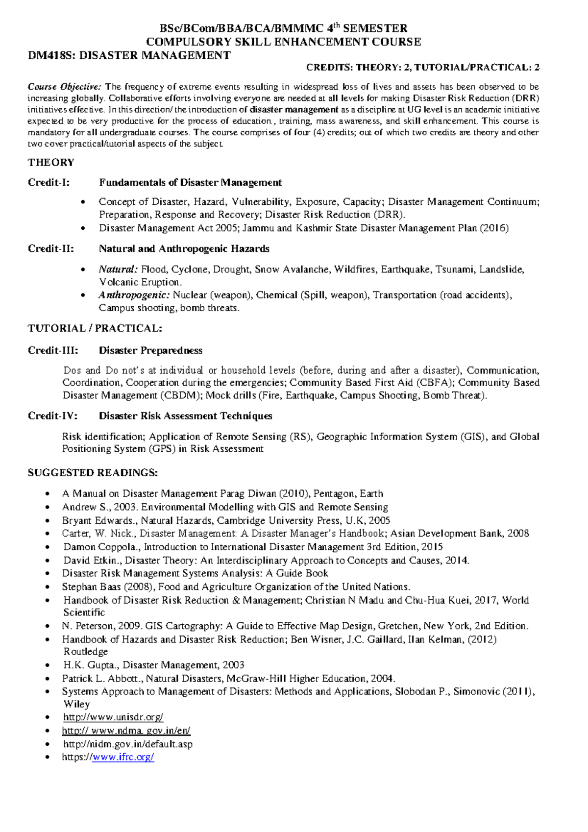 Disaster Management Syllabus DM418S - 4th Sem, University of Kashmir ...