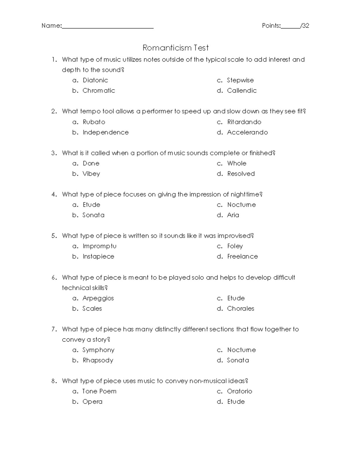Romanticism Music Test 1: Composer Matching & Key Concepts - Studocu