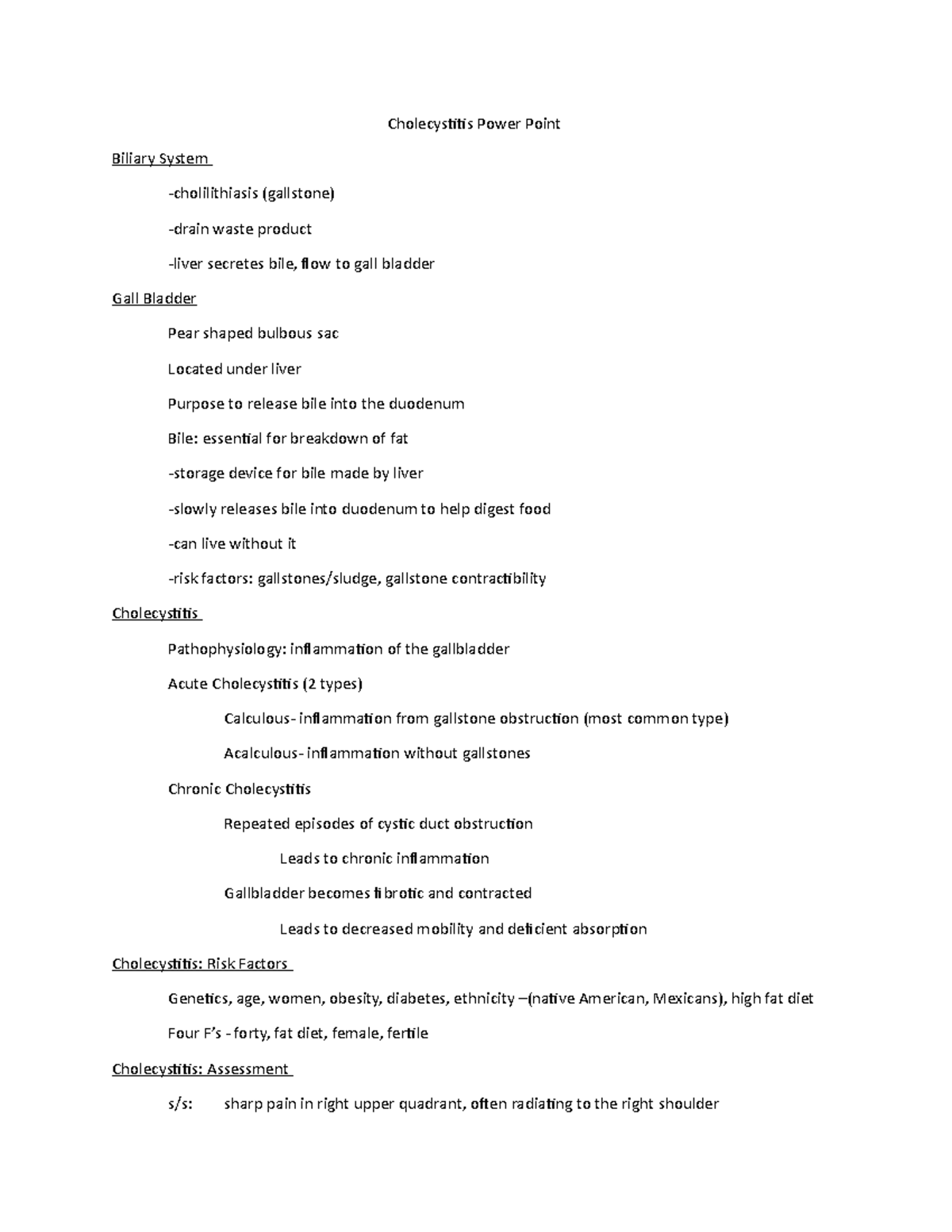 Cholecystitis (Gallbladder Inflammation) PowerPoint Notes - Studocu