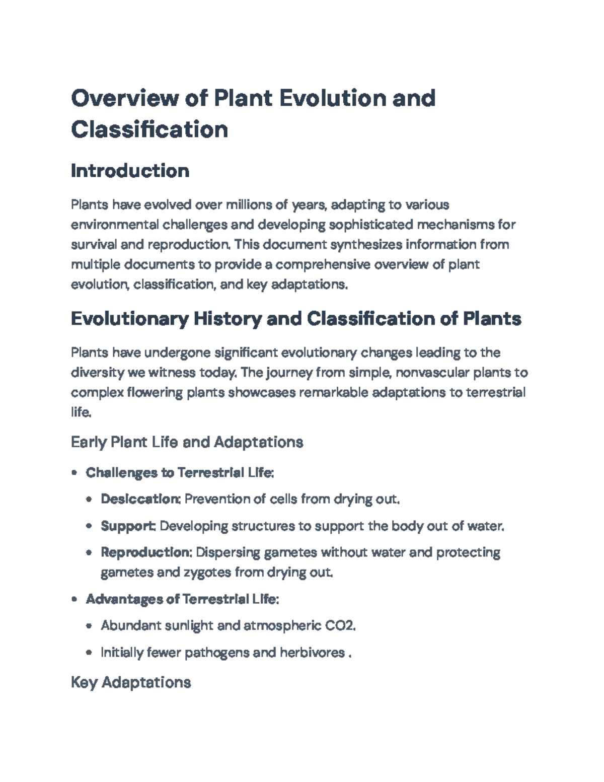 Overview of Plant Evolution and Classification: Key Adaptations and ...
