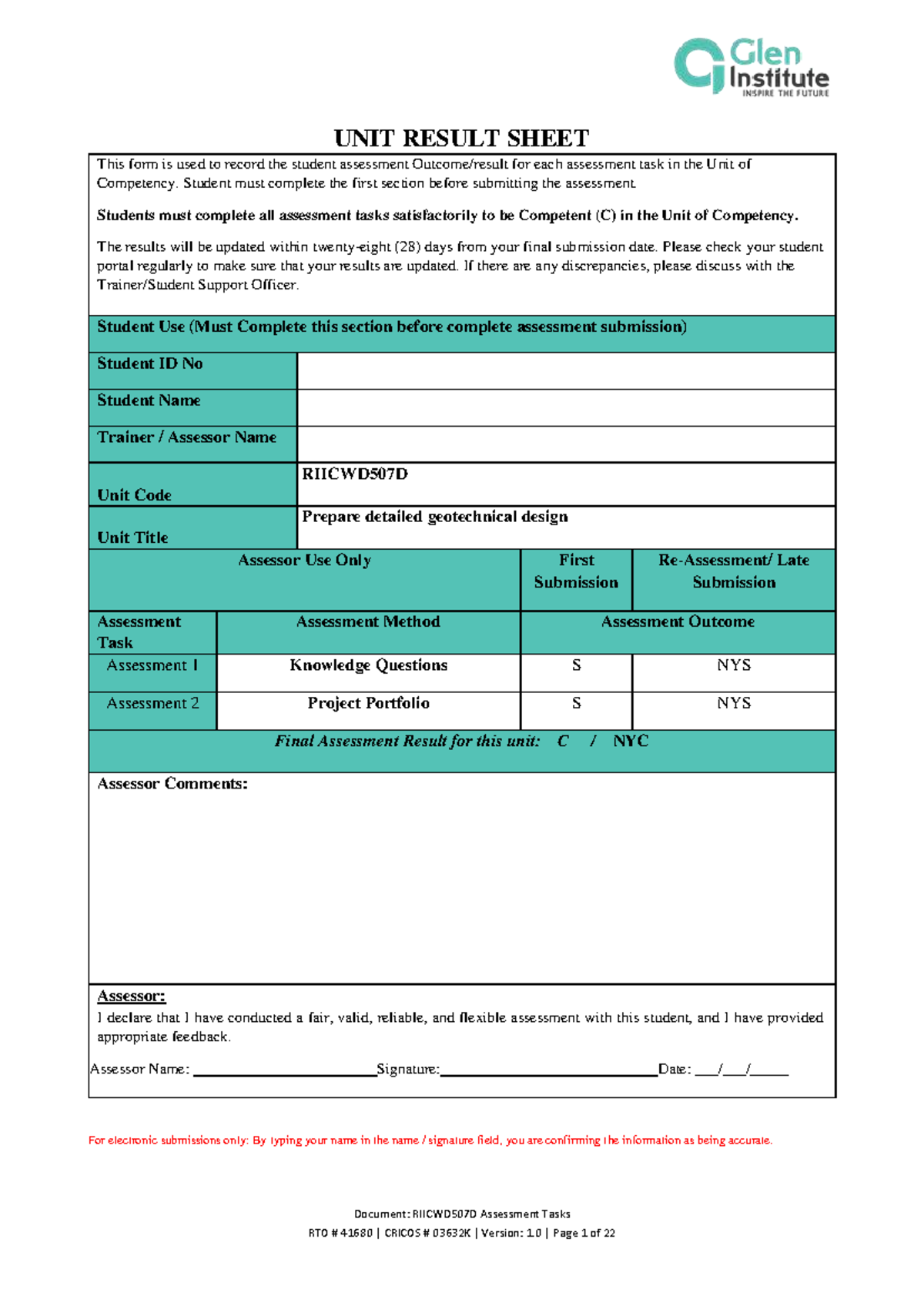 RIICWD507D Unit Result Sheet & Assessment Tasks Overview - Studocu