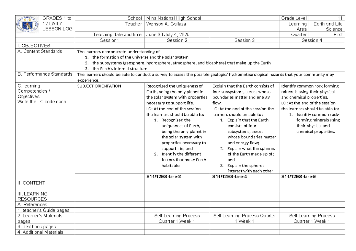 GRADES 11 DAILY LESSON LOG: EARTH AND LIFE SCIENCE (Q1) - Studocu