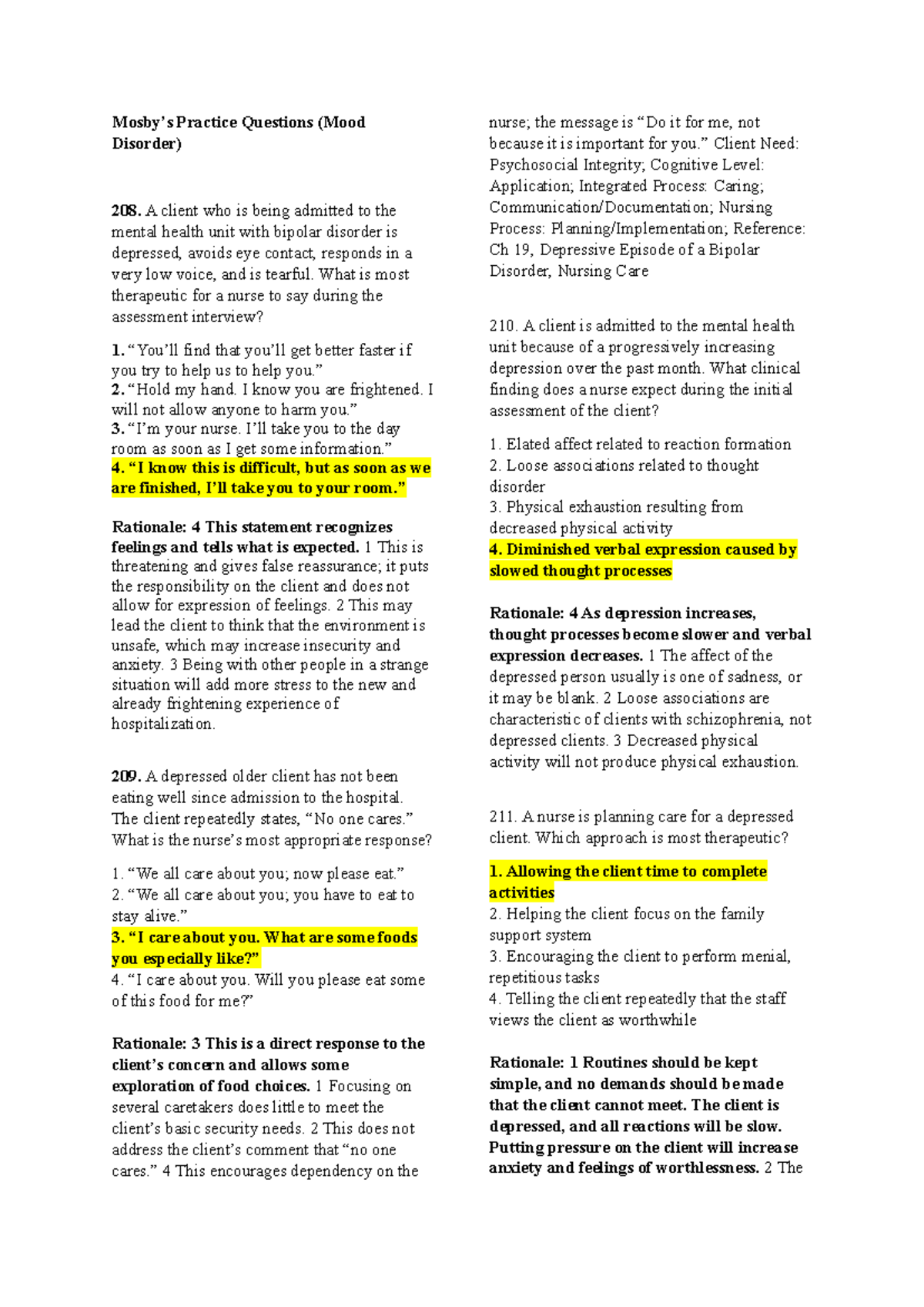 MOOD 375: Practice Questions on Mood Disorders and Nursing Management ...