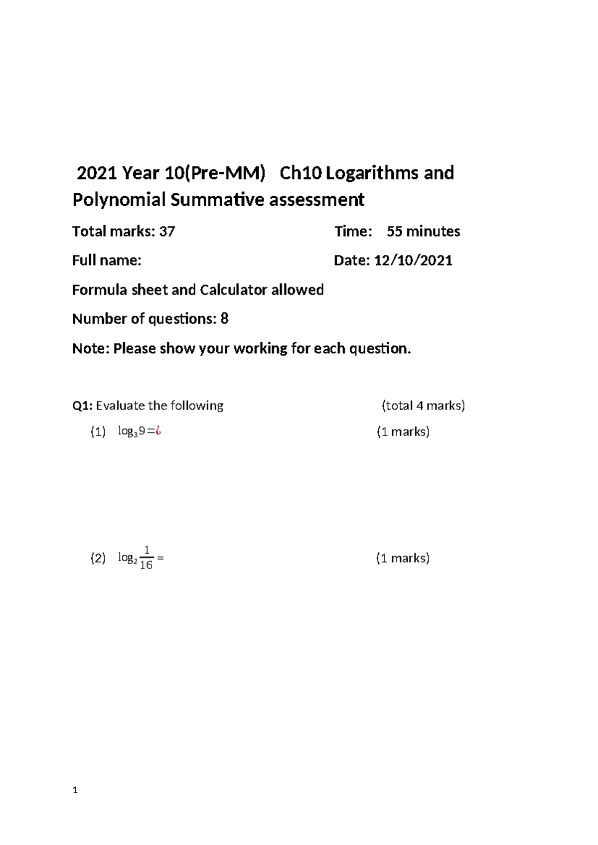 2021 y10 Ch10 log and polynomial summative - 2021 Year 10(Pre-MM) Ch10 ...