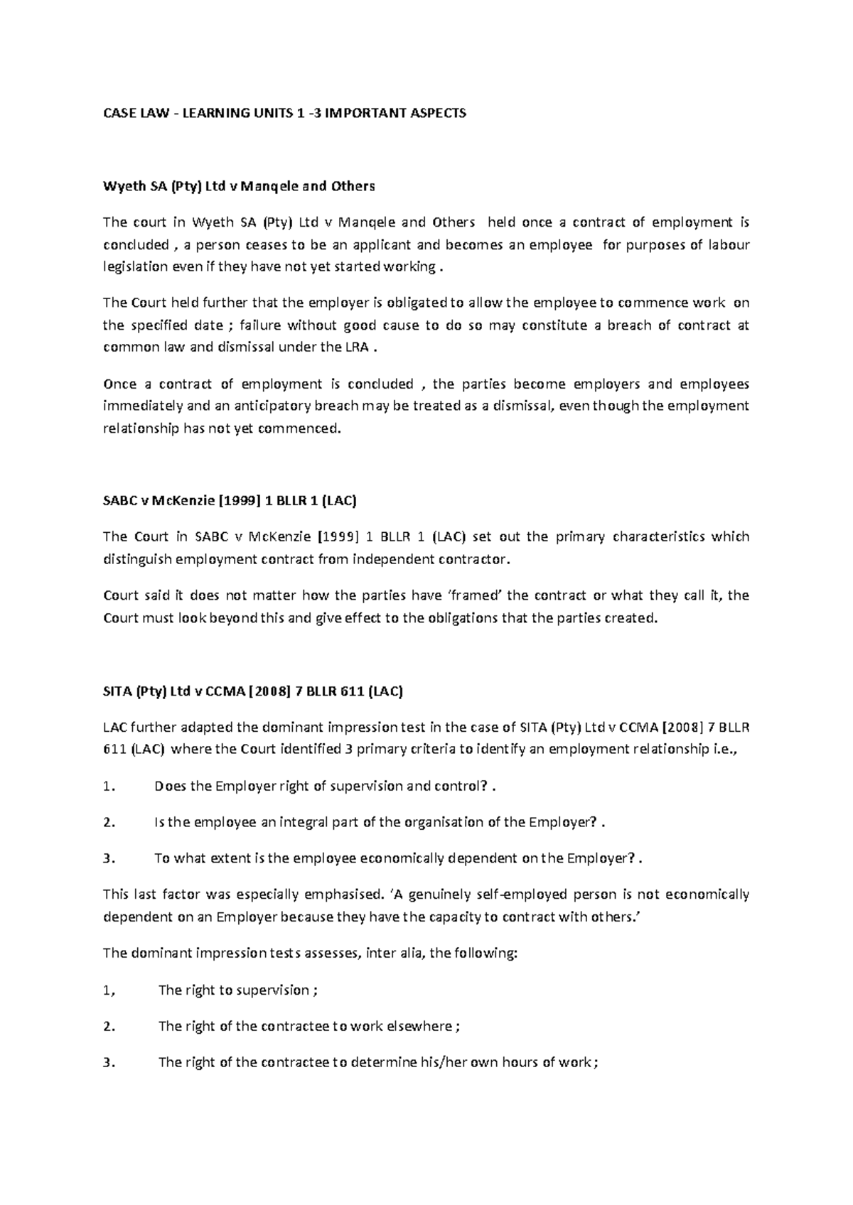 Case Law Lu1-3 - Case law include: Kylie v CCMA 2010 4 SA 383 (LAC ...