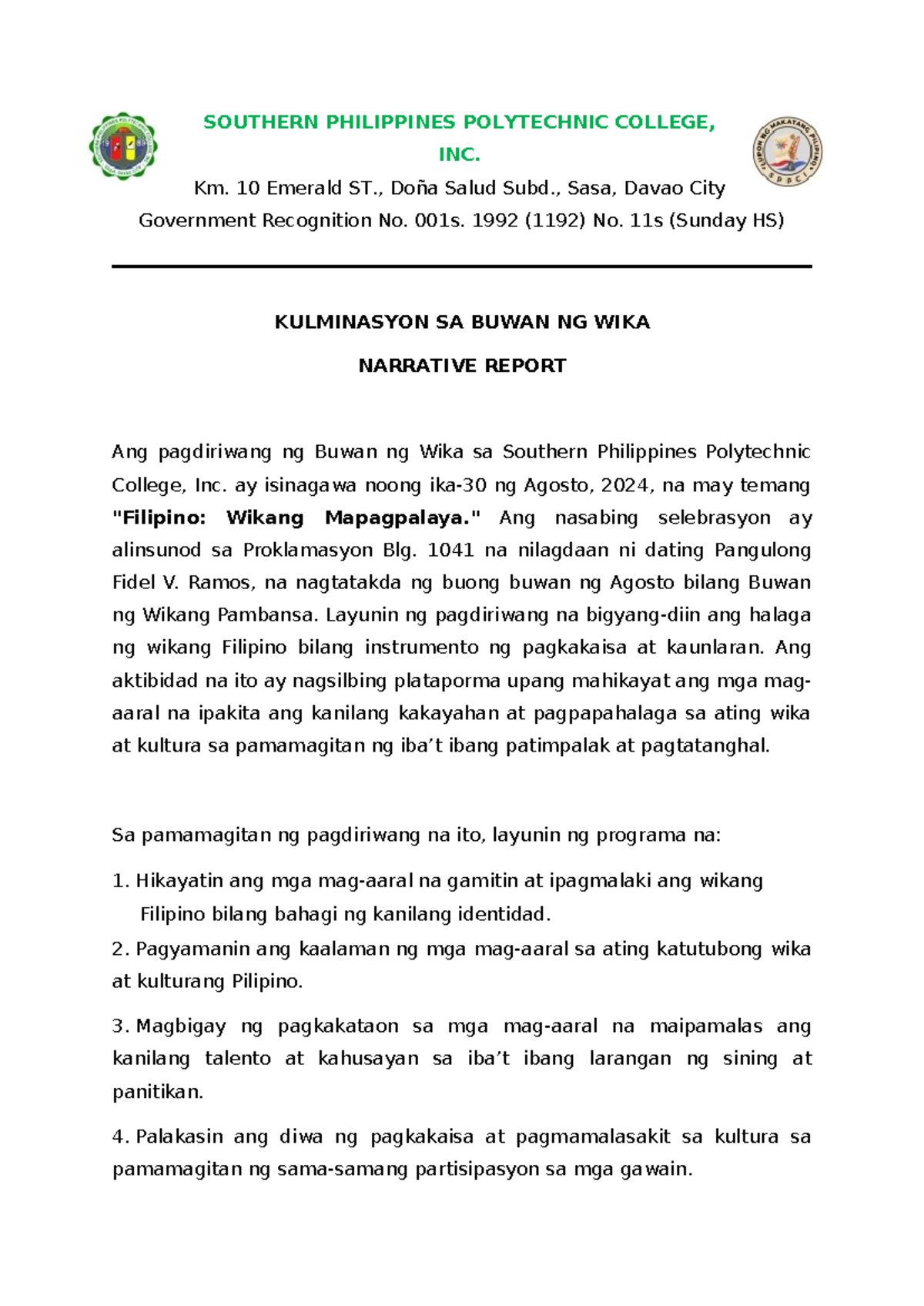KULMINASYON NG BUWAN NG WIKA 2024: NARRATIVE REPORT - Studocu
