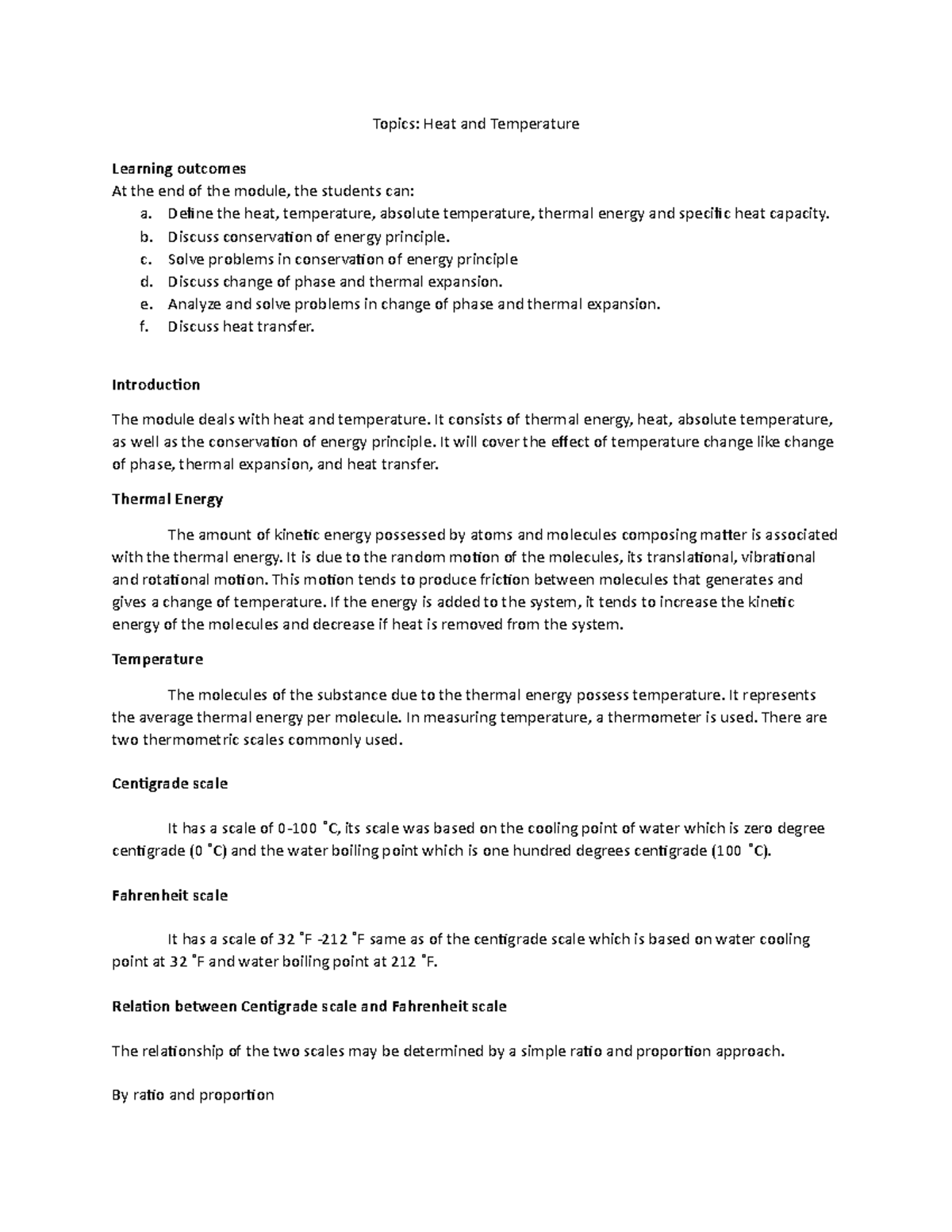 Heat and Temperature - Topics: Heat and Temperature Learning outcomes At the end of the module ...