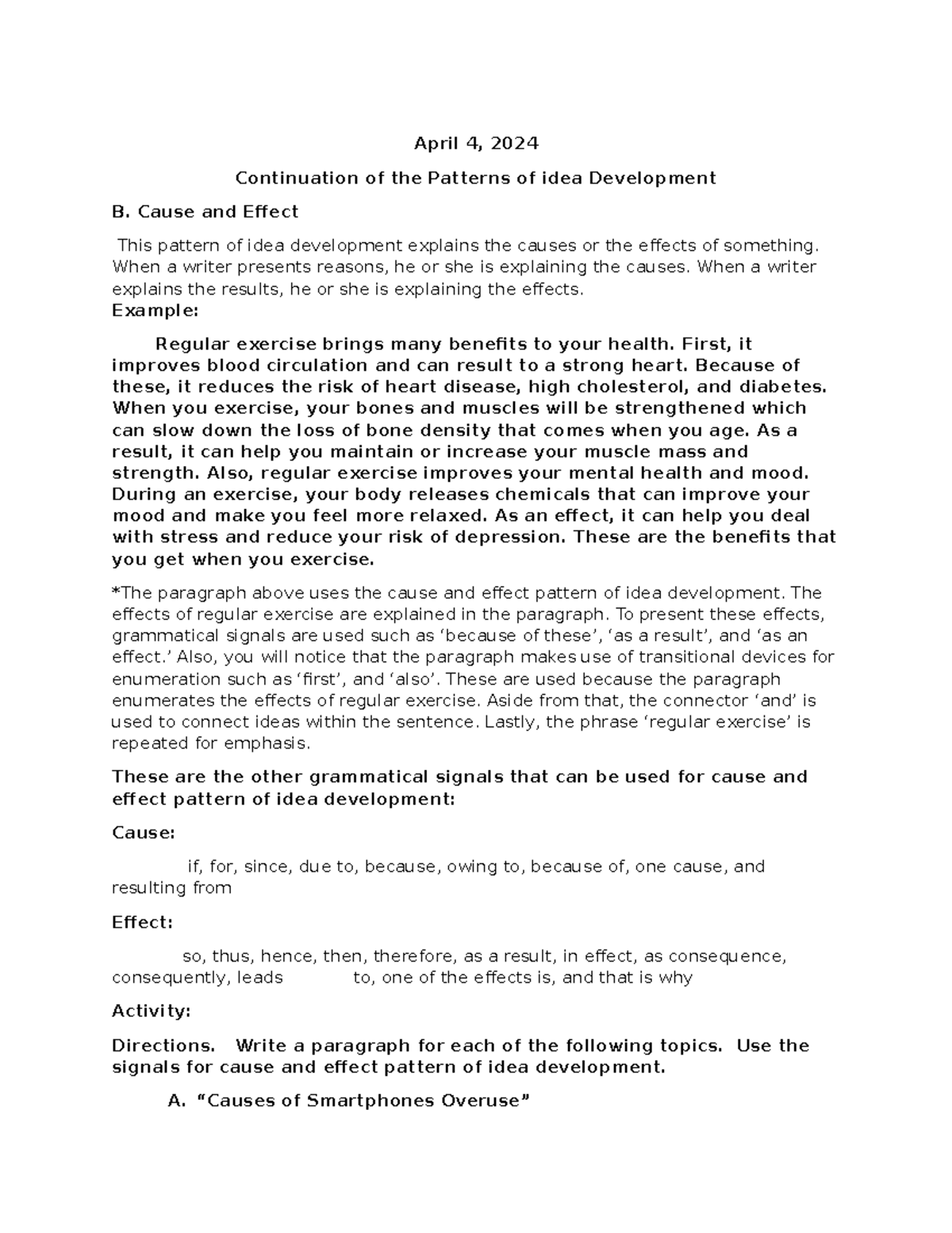 Cause-and-Effect Pattern of Idea Development: Essay Notes on Causes ...