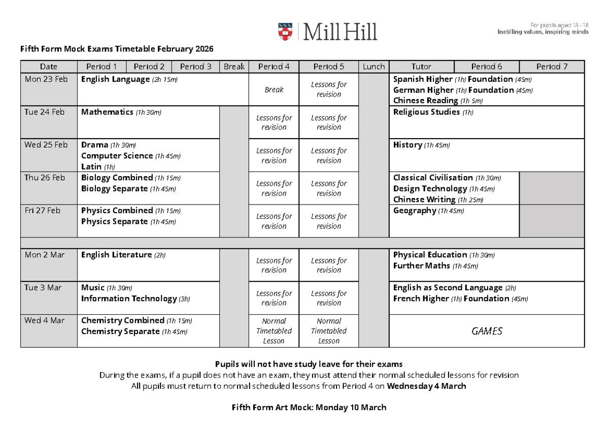 Fifth Form Mock Exam Timetable - Feb 2026 - Studocu