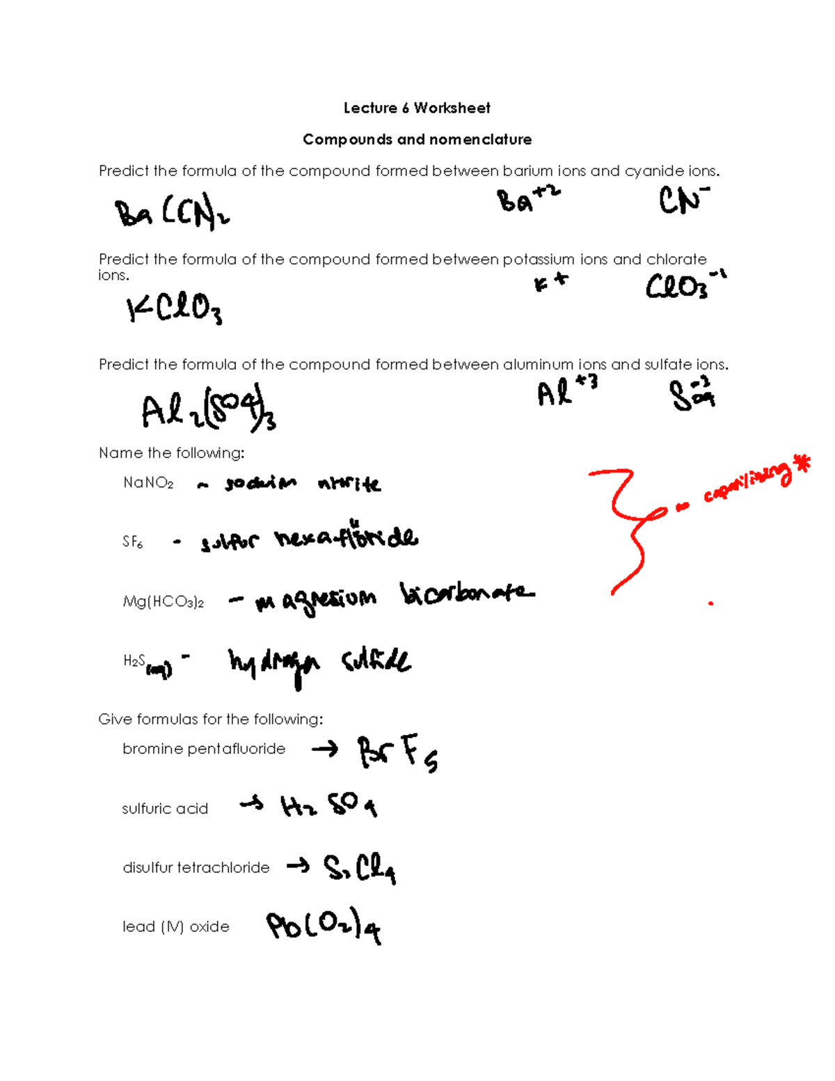 Lecture 6 Worksheet: Compounds and Nomenclature Exercises - Lecture 6 ...