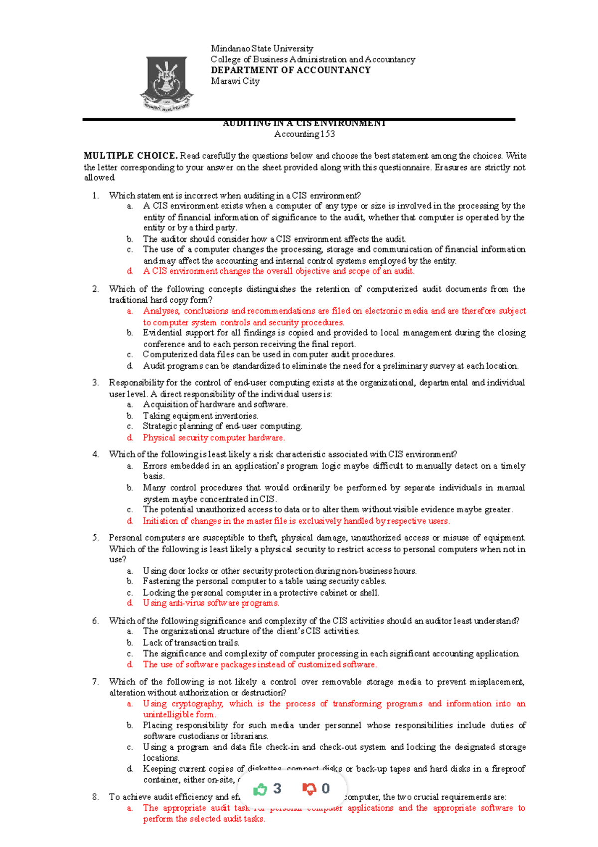 Auditing in a CIS Environment: Accounting 153 Multiple Choice Questions ...