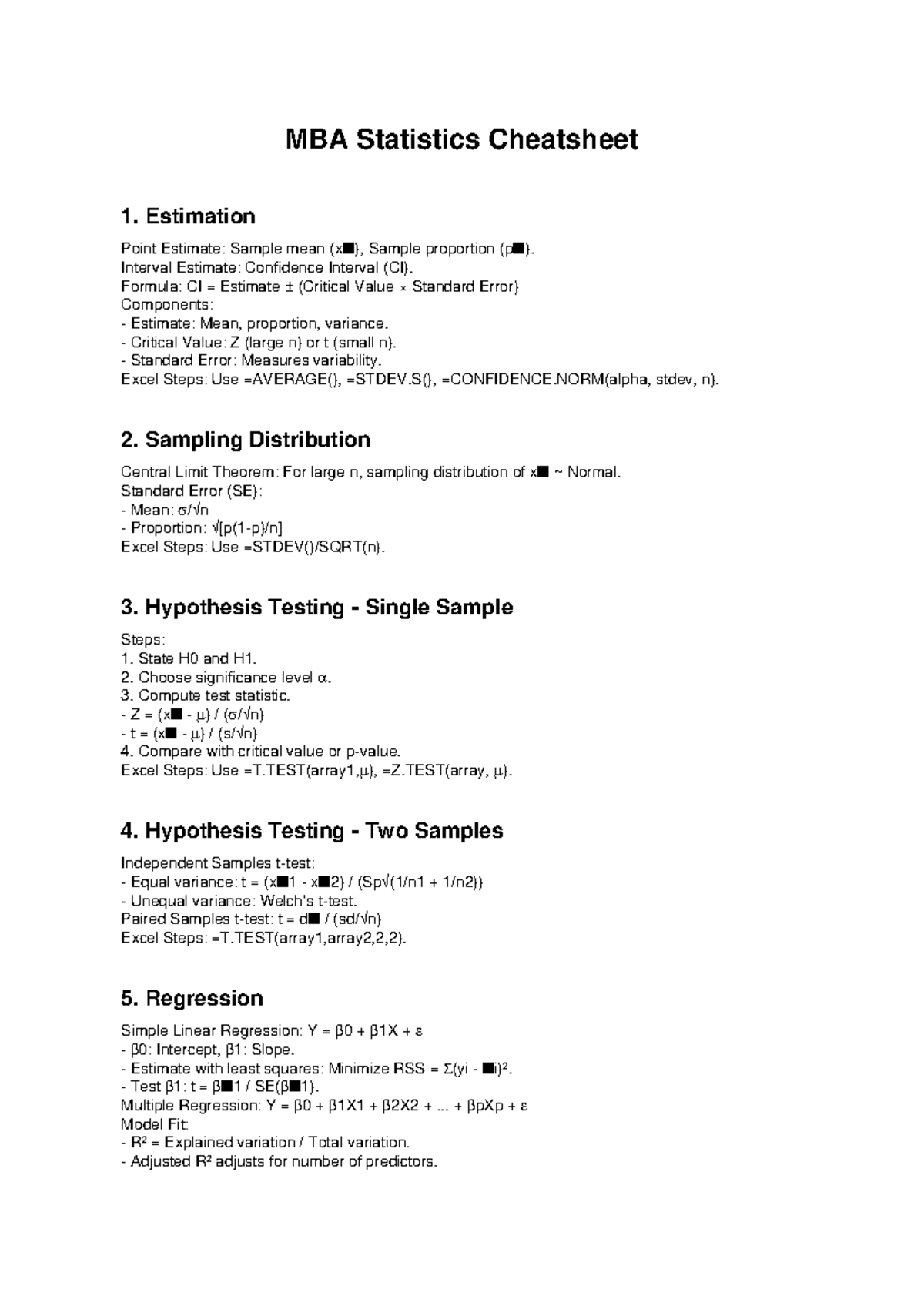 MBA Statistics Cheat Sheet: Key Concepts & Formulas - Studocu