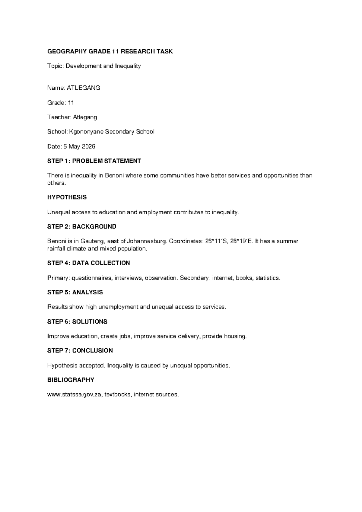 GEOGRAPHY GRADE 11 RESEARCH TASK: Development & Inequality Study Guide ...