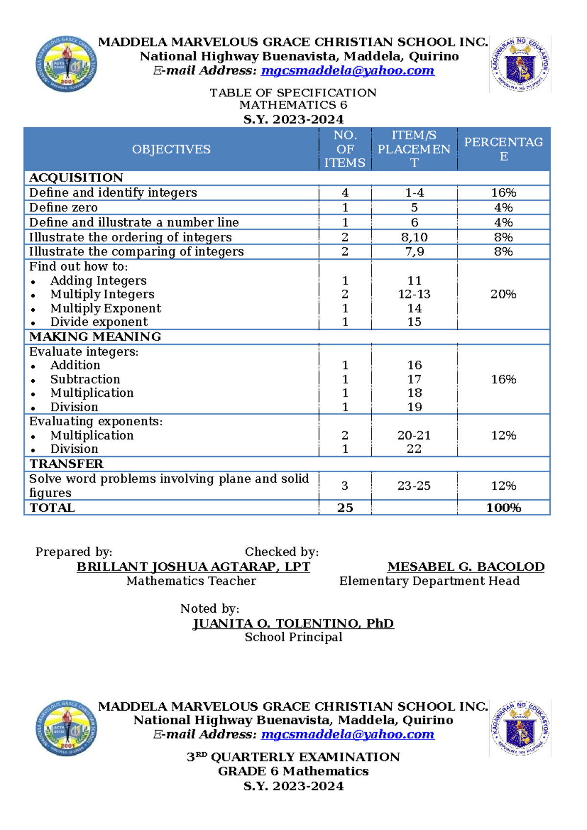 MAT H 6 3RD QUARTERLY EXAMINATION - Math Exam Review Guide - Studocu