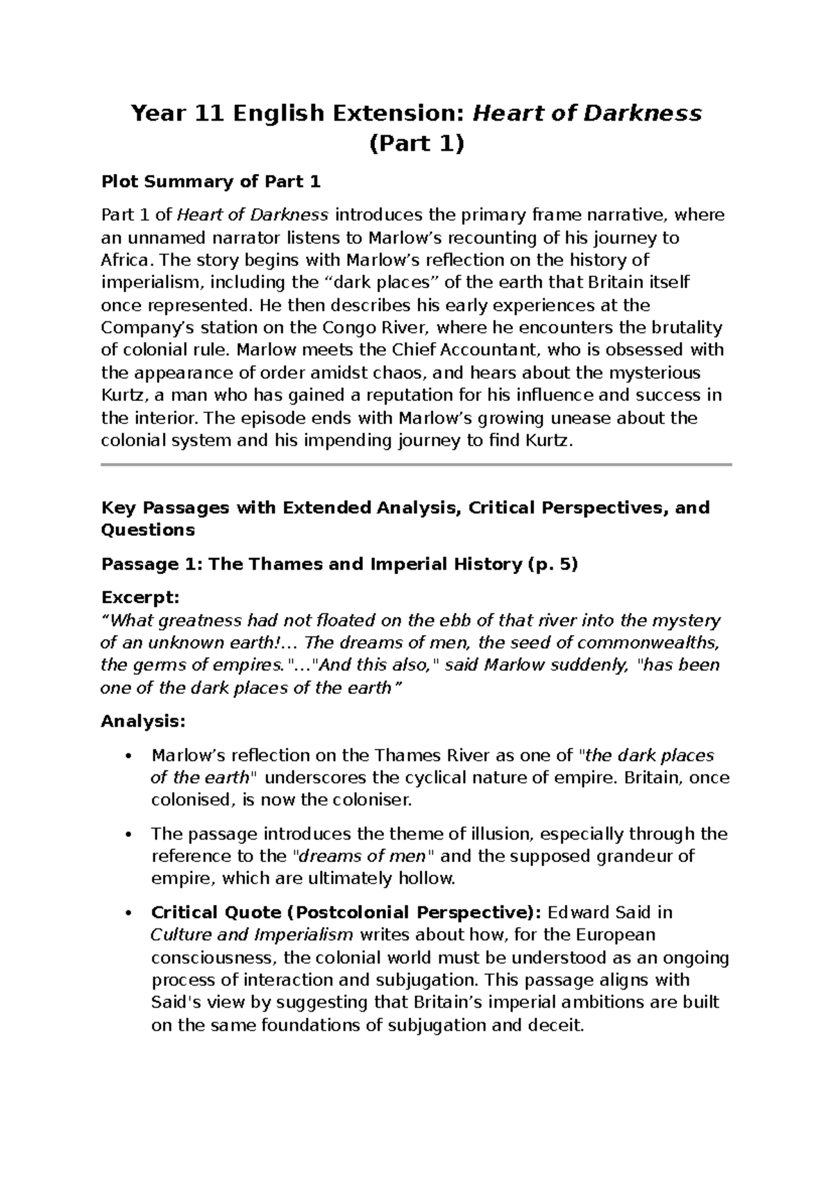 Year 11 English Extension: Heart of Darkness (Part 1) Summary ...