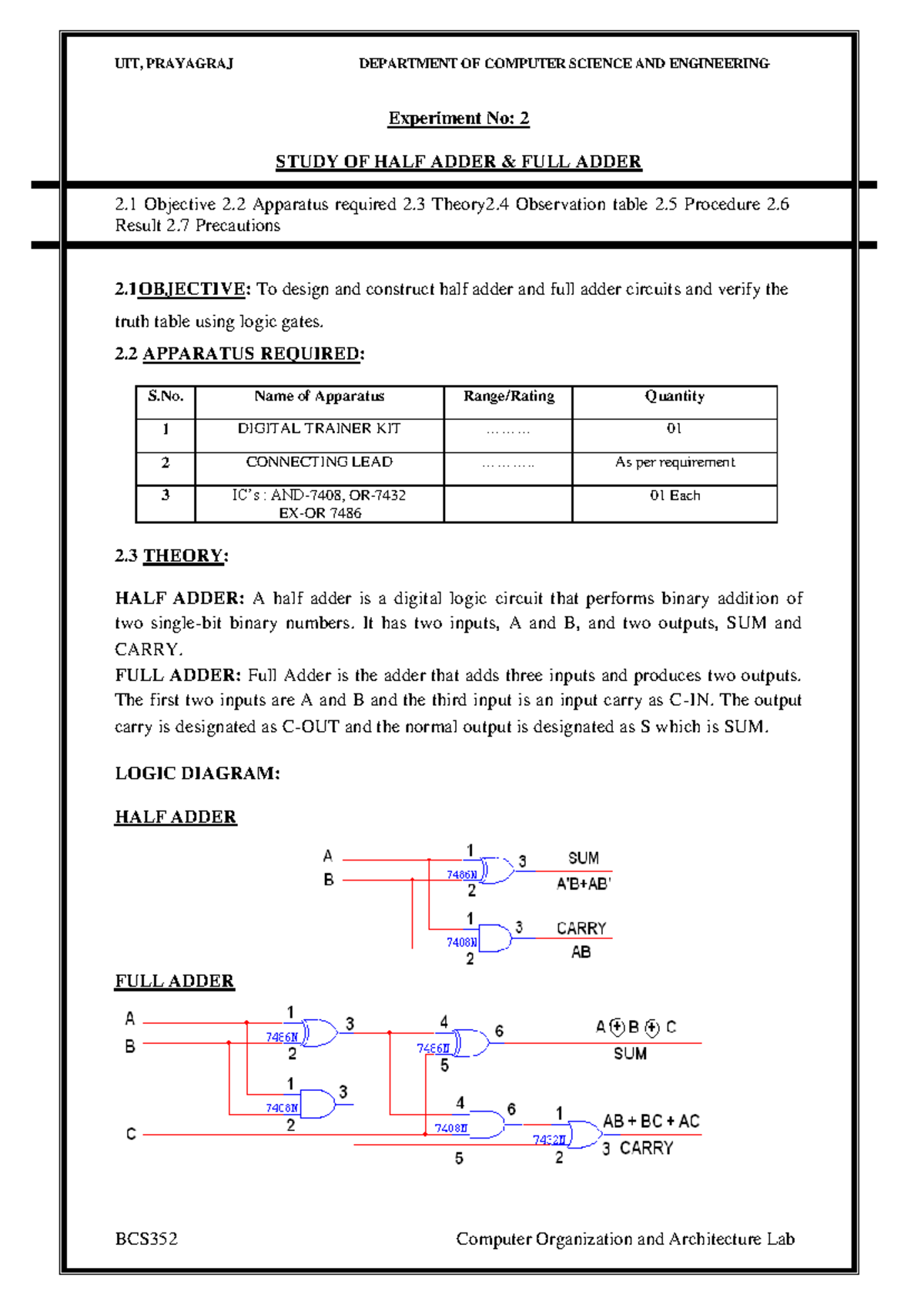 COA LAB EXP 2: Study of Half Adder & Full Adder Circuits - Studocu
