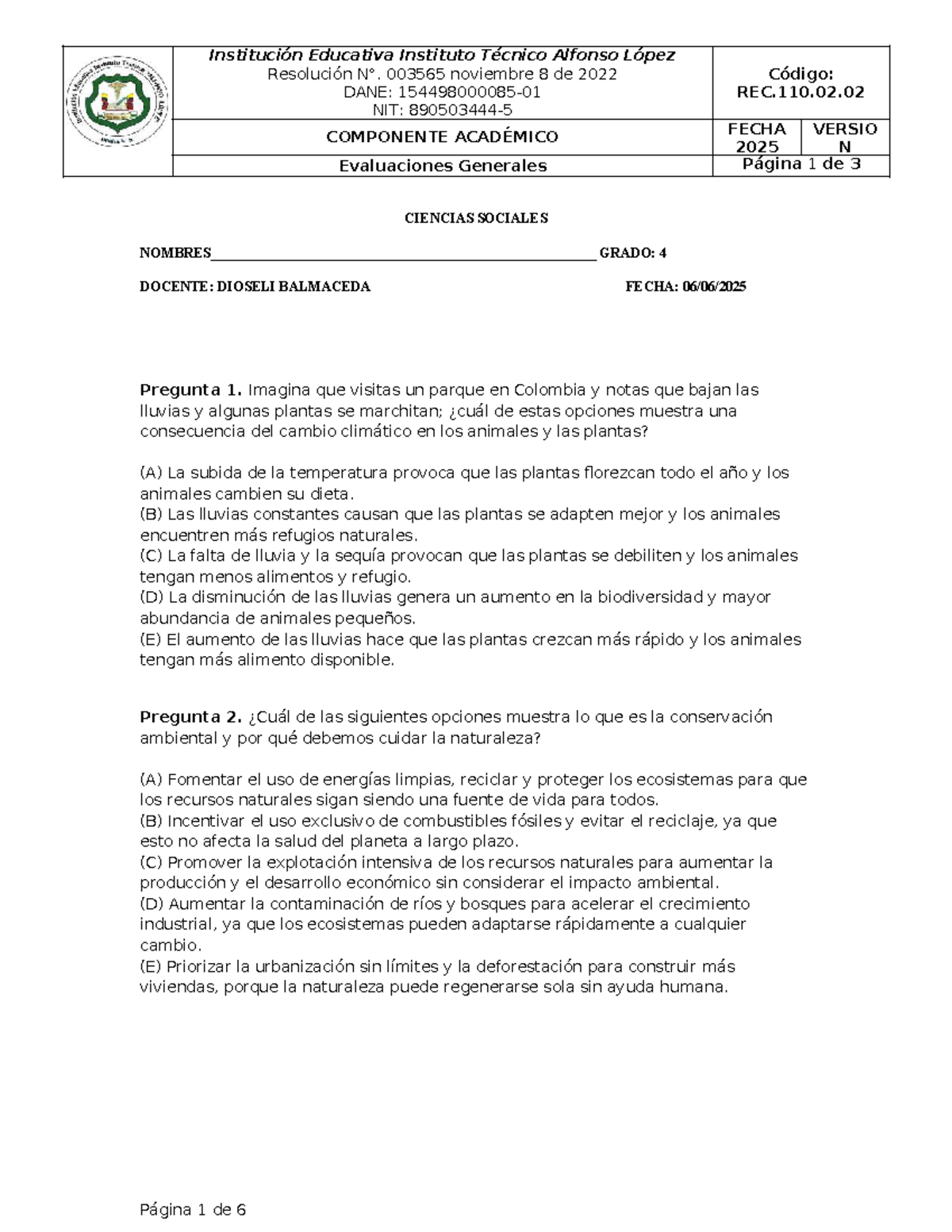 Prueba de Evaluación sobre Cambios Climáticos en Colombia - Grado 4 ...