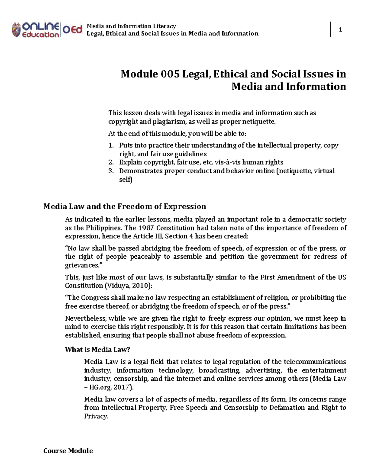 Week 006 - Module on Legal, Ethical, and Social Issues in Media and ...