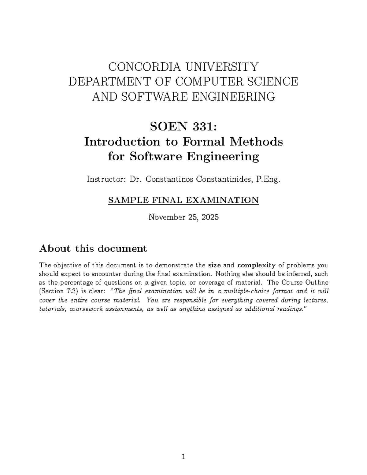 SOEN 331: Sample Final Exam on Formal Methods in Software Engineering ...