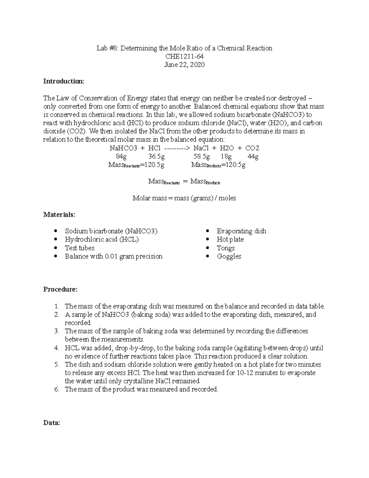 Lab Report 8 - Mole Ratio Determination in NaHCO3 + HCl Reaction - Studocu