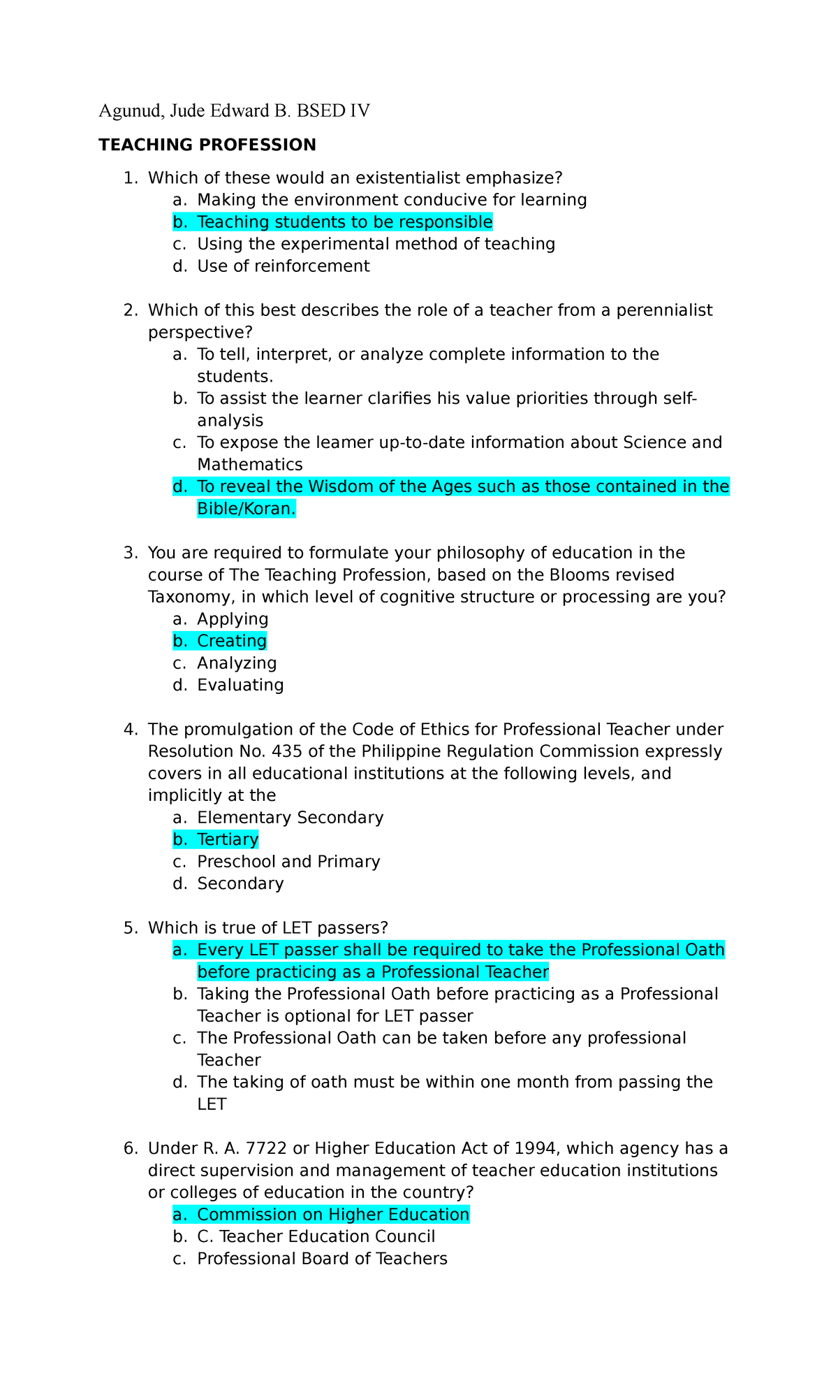 Teaching Profession Review Questions - 033846 - Studocu