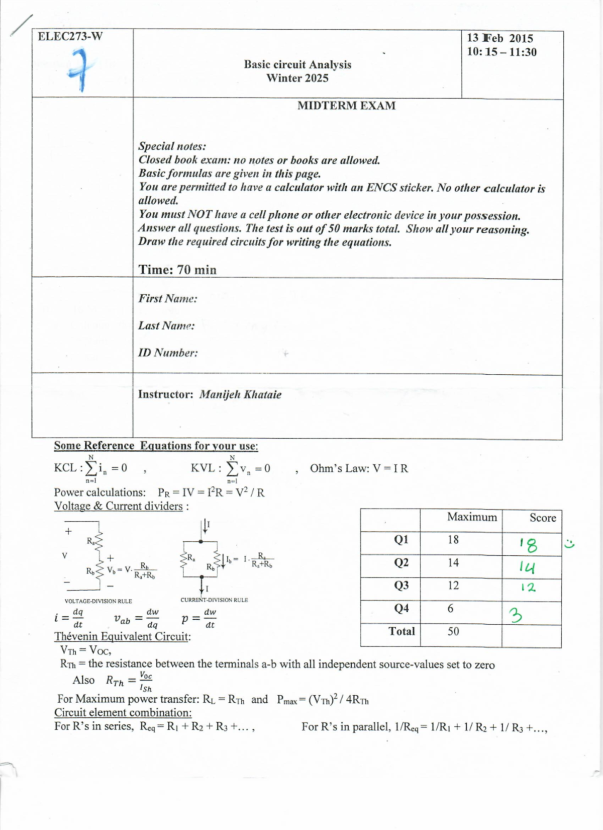 ELEC 273 Midterm Exam Notes - Basic Circuit Analysis, Feb 13, 2025 ...