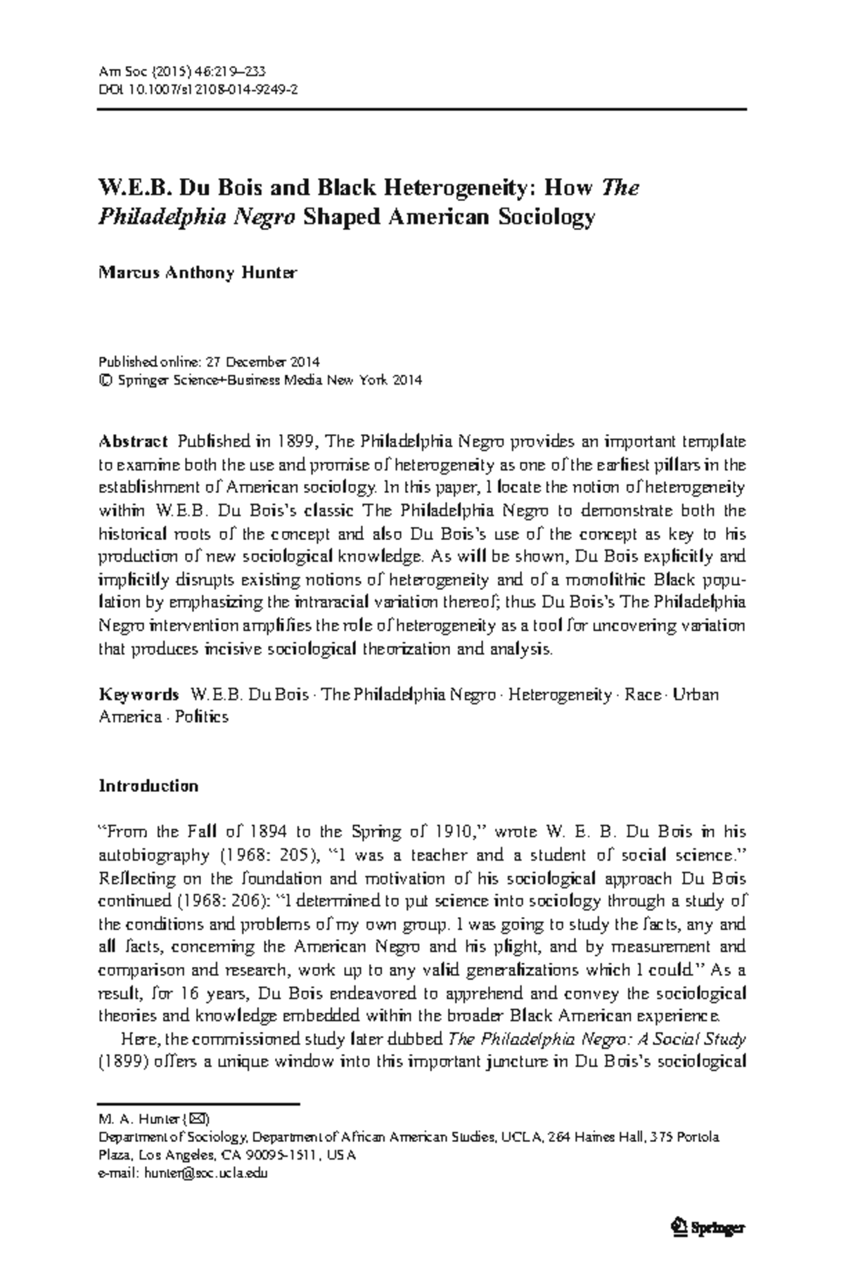 W.E.B. Du Bois and Black Heterogeneity: Insights from The Philadelphia ...