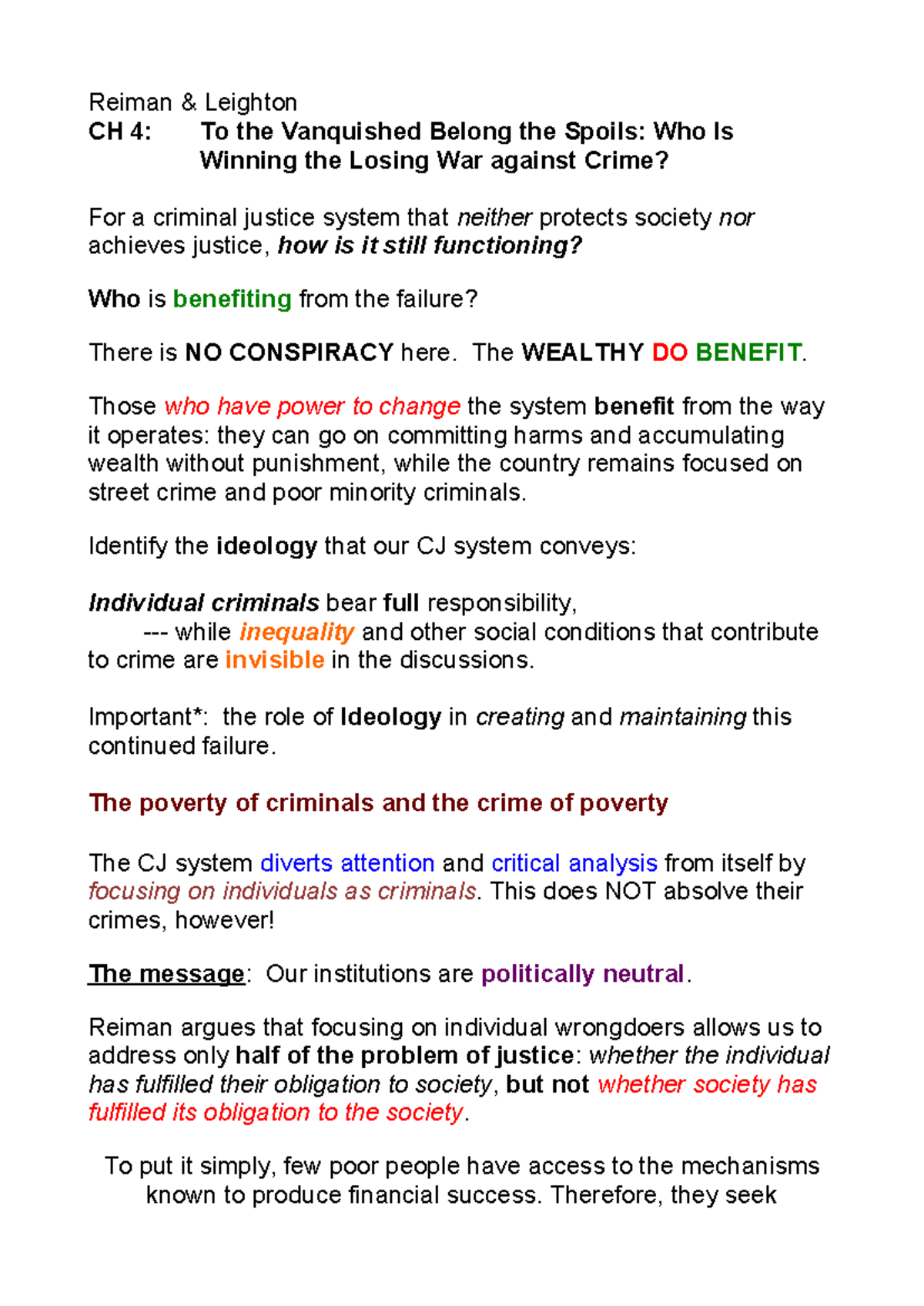 Reiman CH 4 & Conclusion: Ideology's Role in Criminal Justice Failure ...