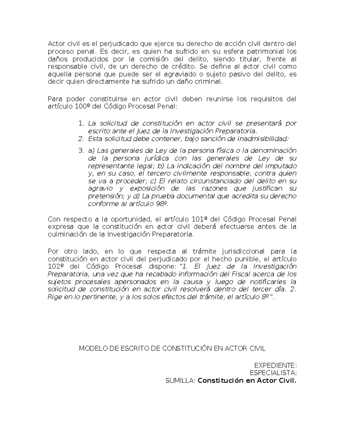 Constitución en Actor Civil: Modelo y Requisitos según CPP - Studocu