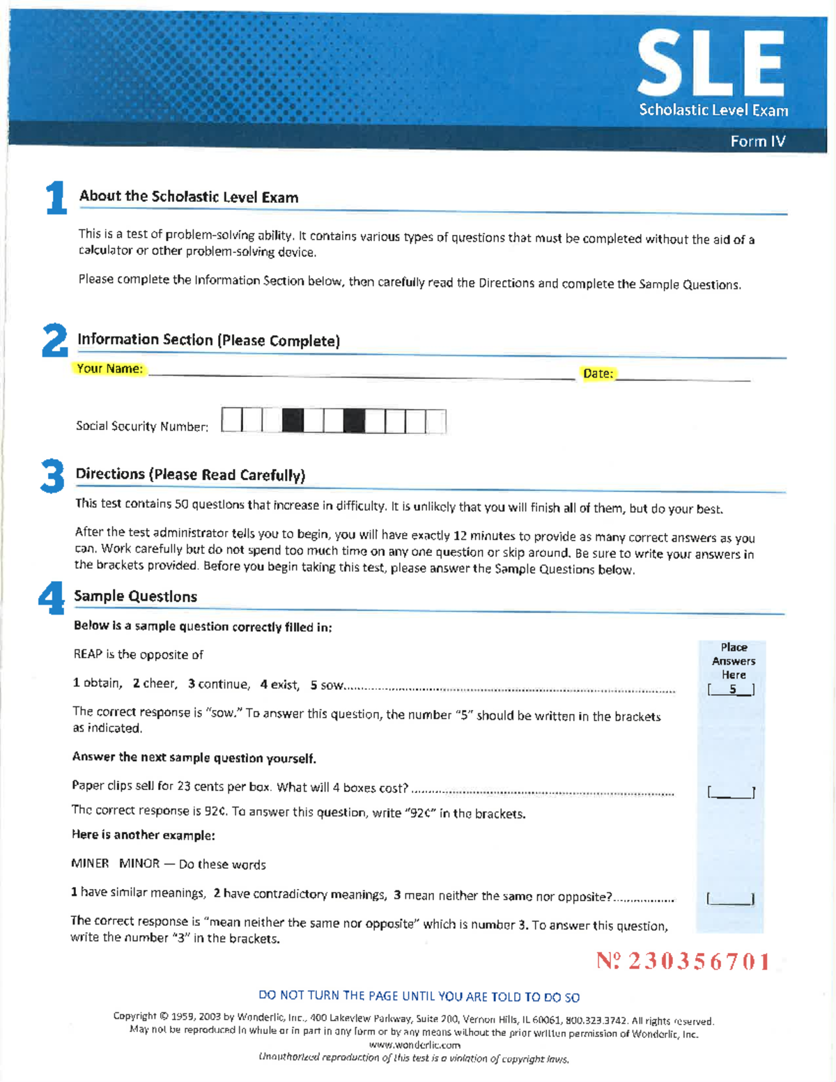 SLE IV Scholastic Level Exam Instructions and Sample Questions - Studocu