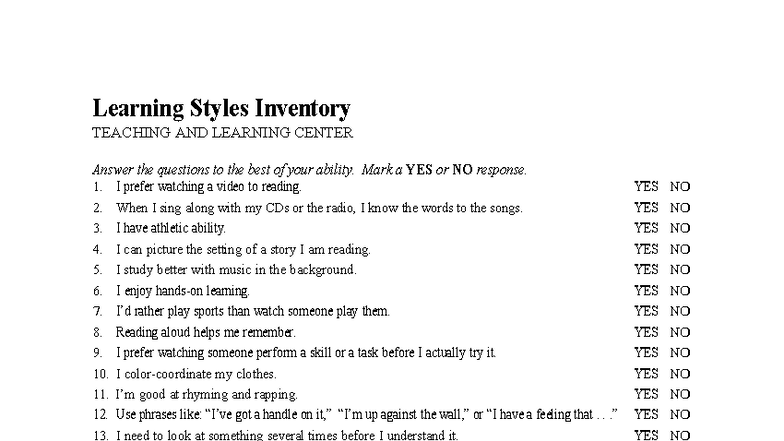 Learning Styles Inventory: Assessing Your Preferred Learning Style ...