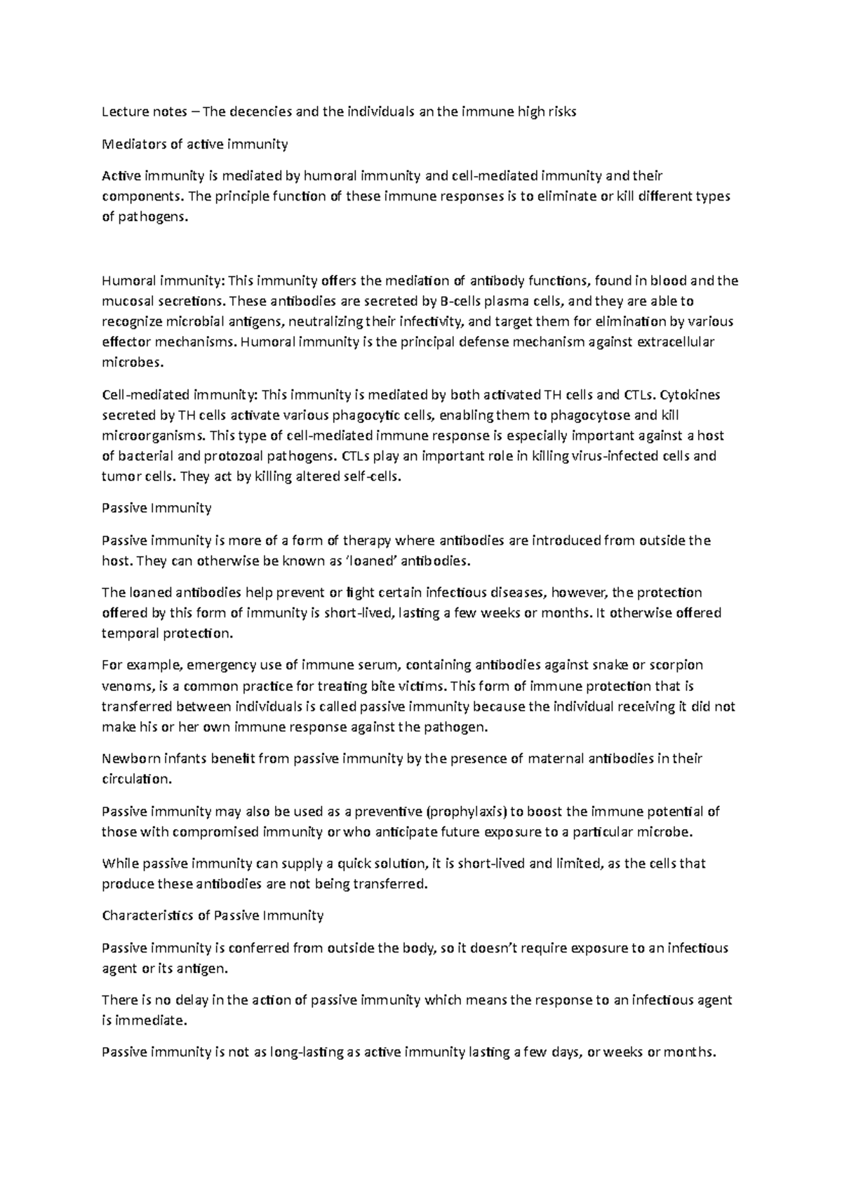 Lecture notes – The decencies and the individuals an the immune high ...