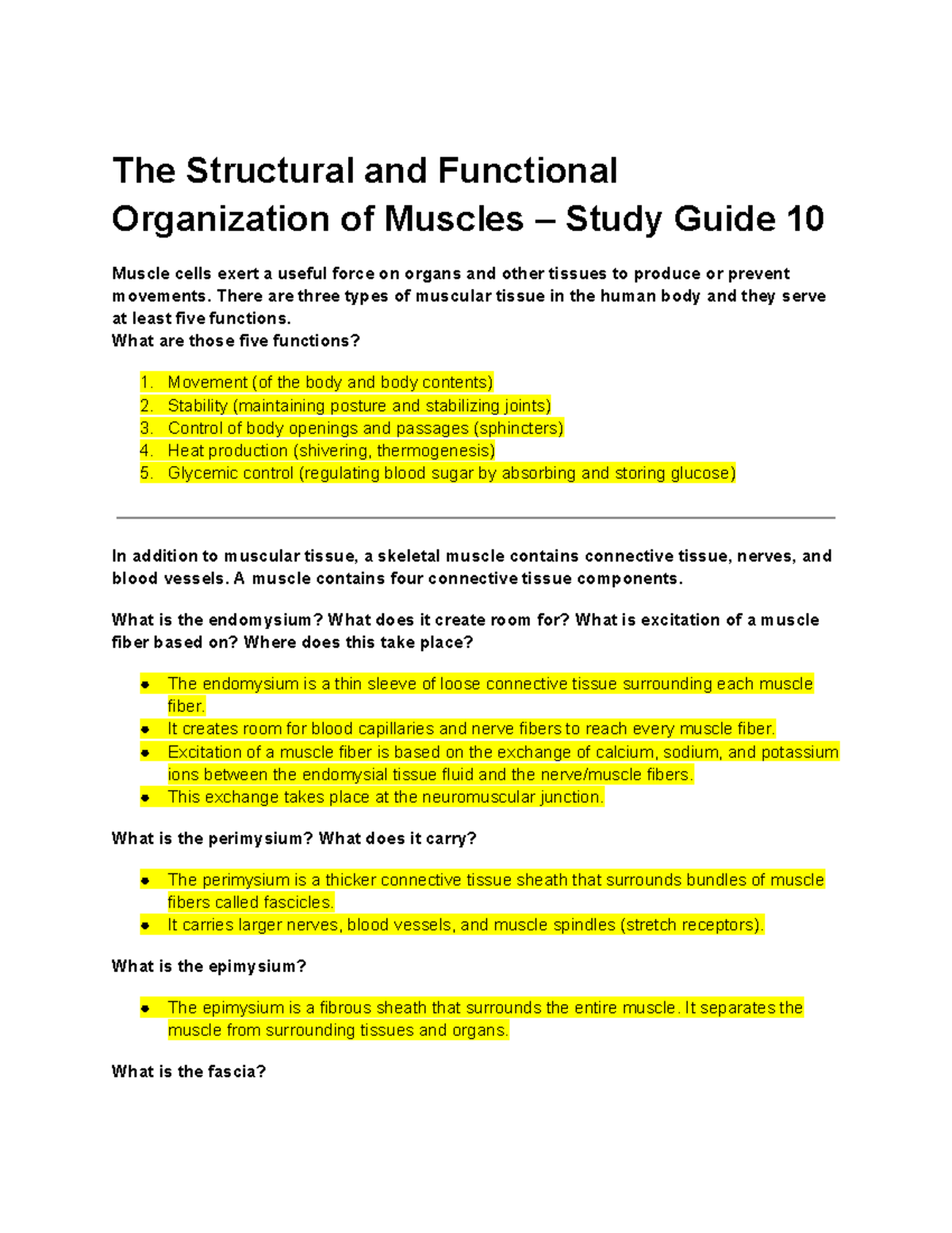 The Structural and Functional Organization of Muscles - Study Guide 10 ...