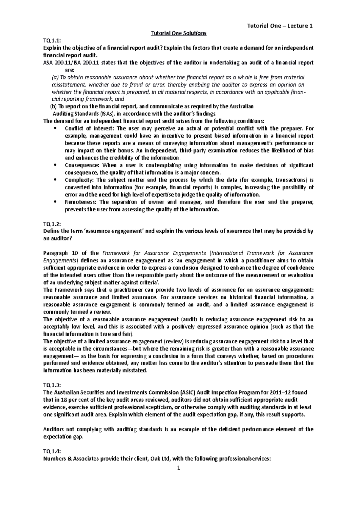 Financial Audit Tutorial One Solutions - Lecture 1 Insights - Studocu