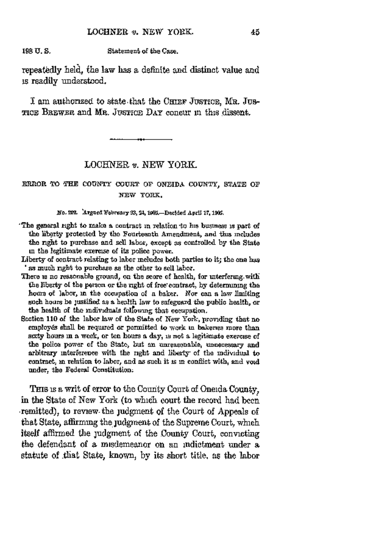 Lochner caso - LOCHNER v. NEW YORK. 198 U. S. Statement of the Case ...