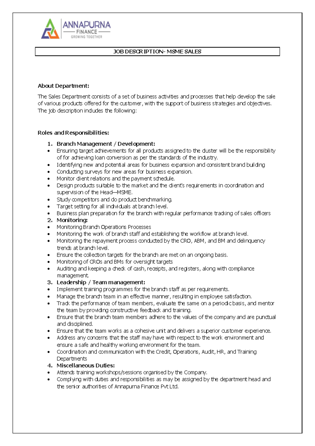 MSME Sales Job Description and Responsibilities Overview - Studocu