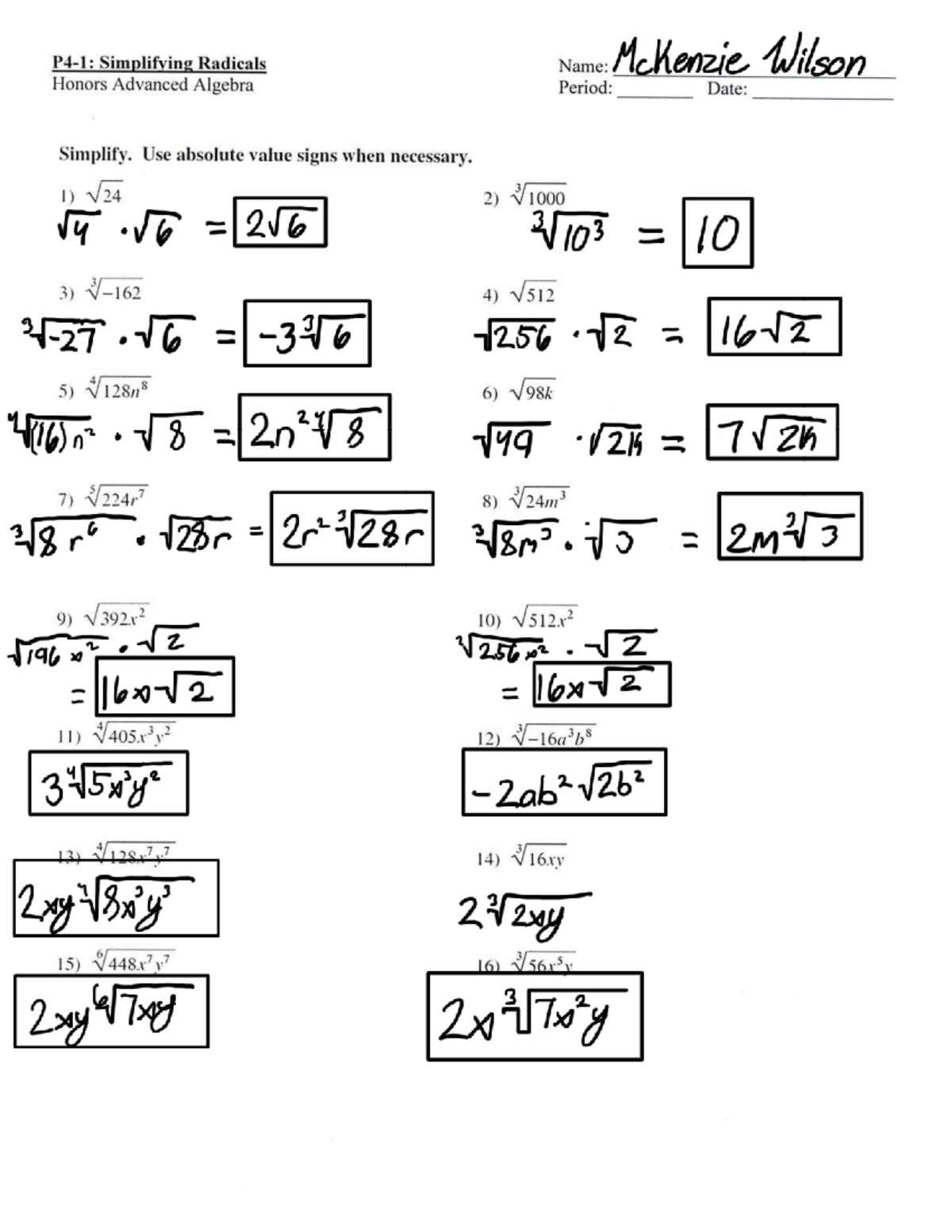 Simplifying radicals - Homework - Simplifying Radicals Name: Honors ...